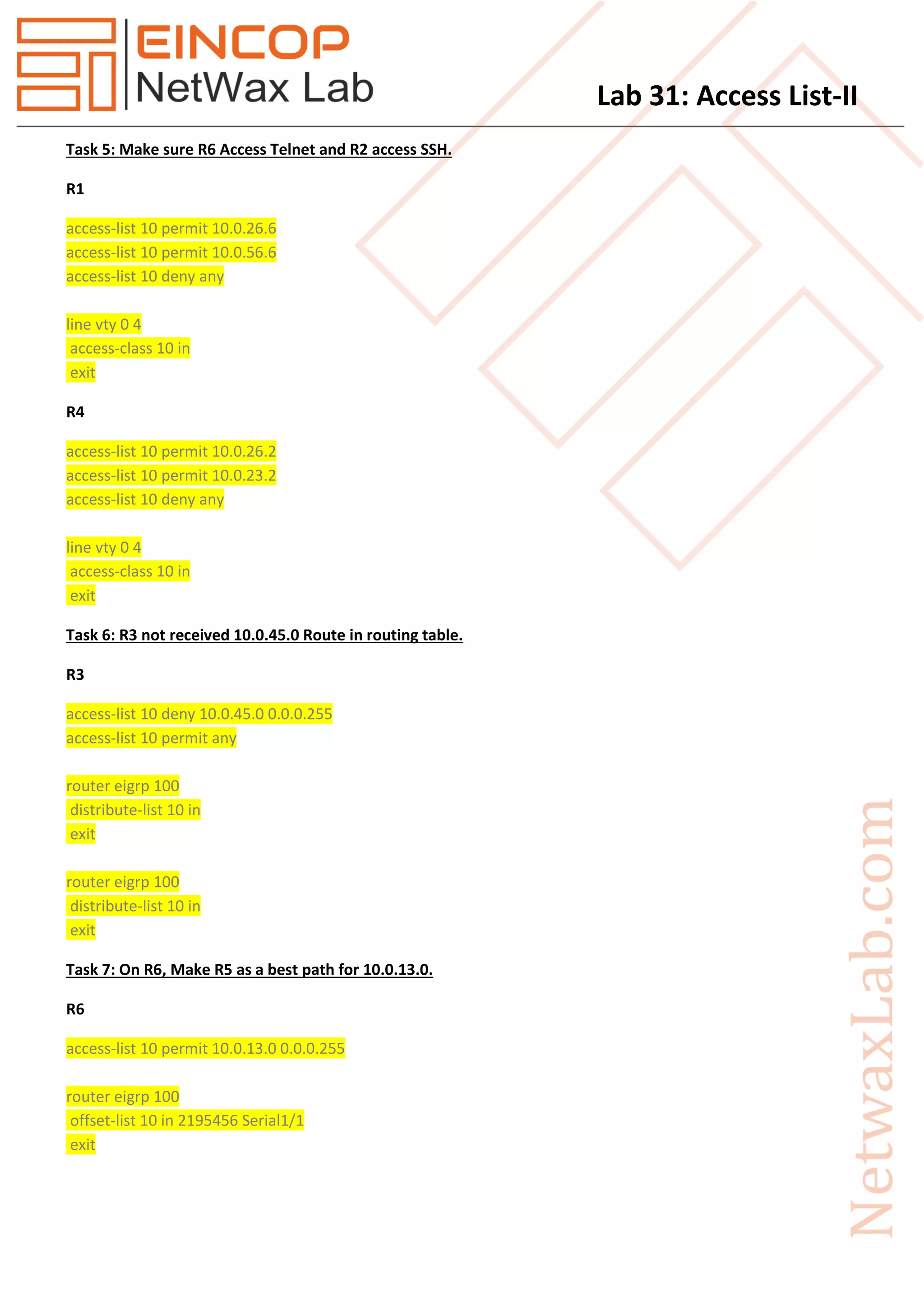 Eincop Netwax Lab: Access List ii | PDF