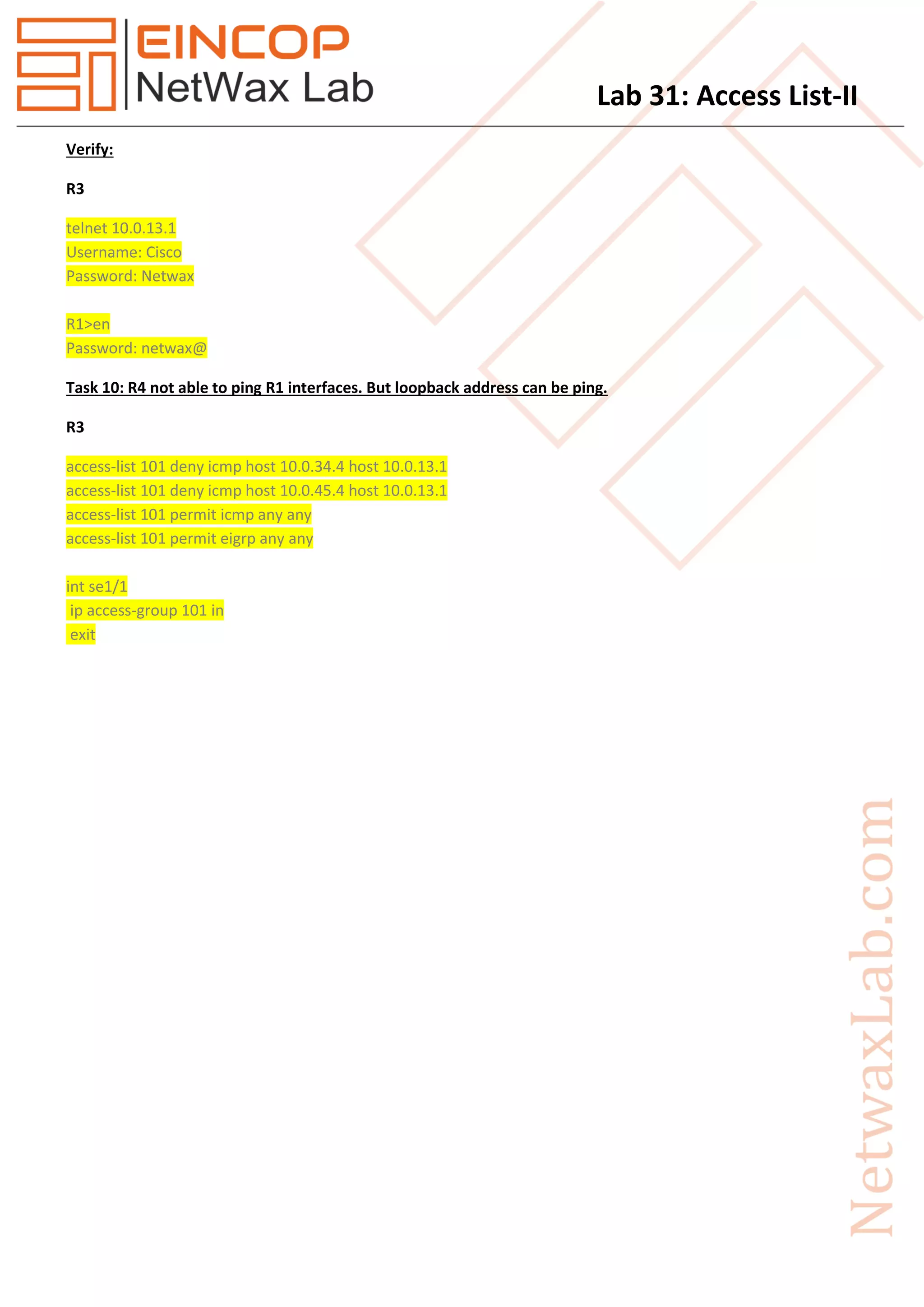 Eincop Netwax Lab: Access List ii | PDF