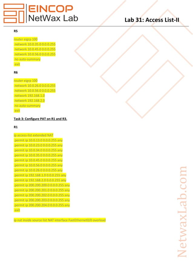 Eincop Netwax Lab: Access List ii | PDF