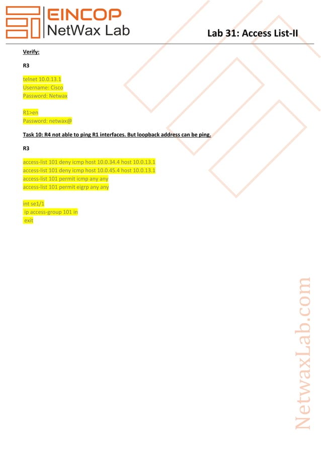 Eincop Netwax Lab: Access List ii | PDF