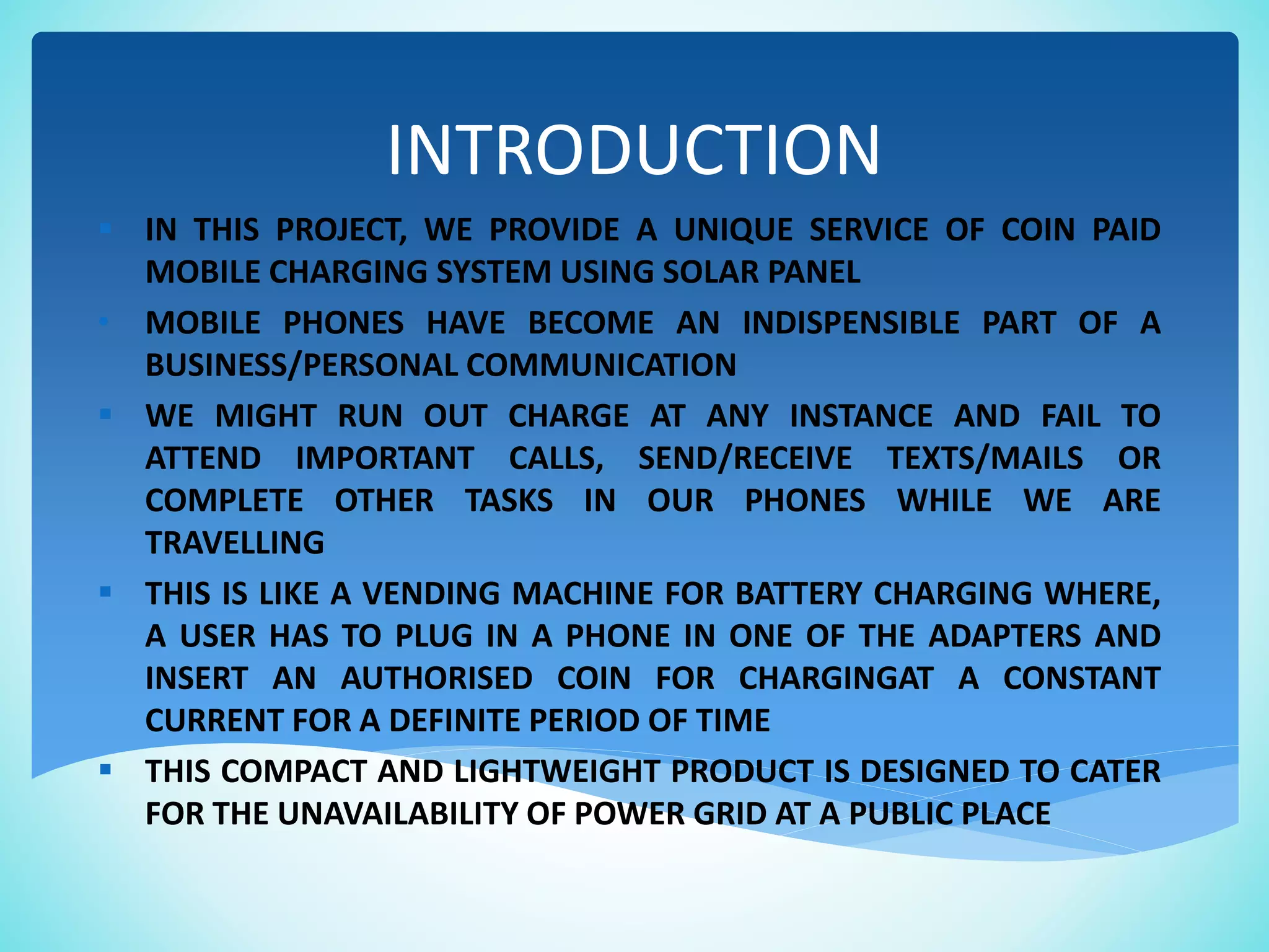 Solar Charging Coin Based Mobile Charging System | PPTX