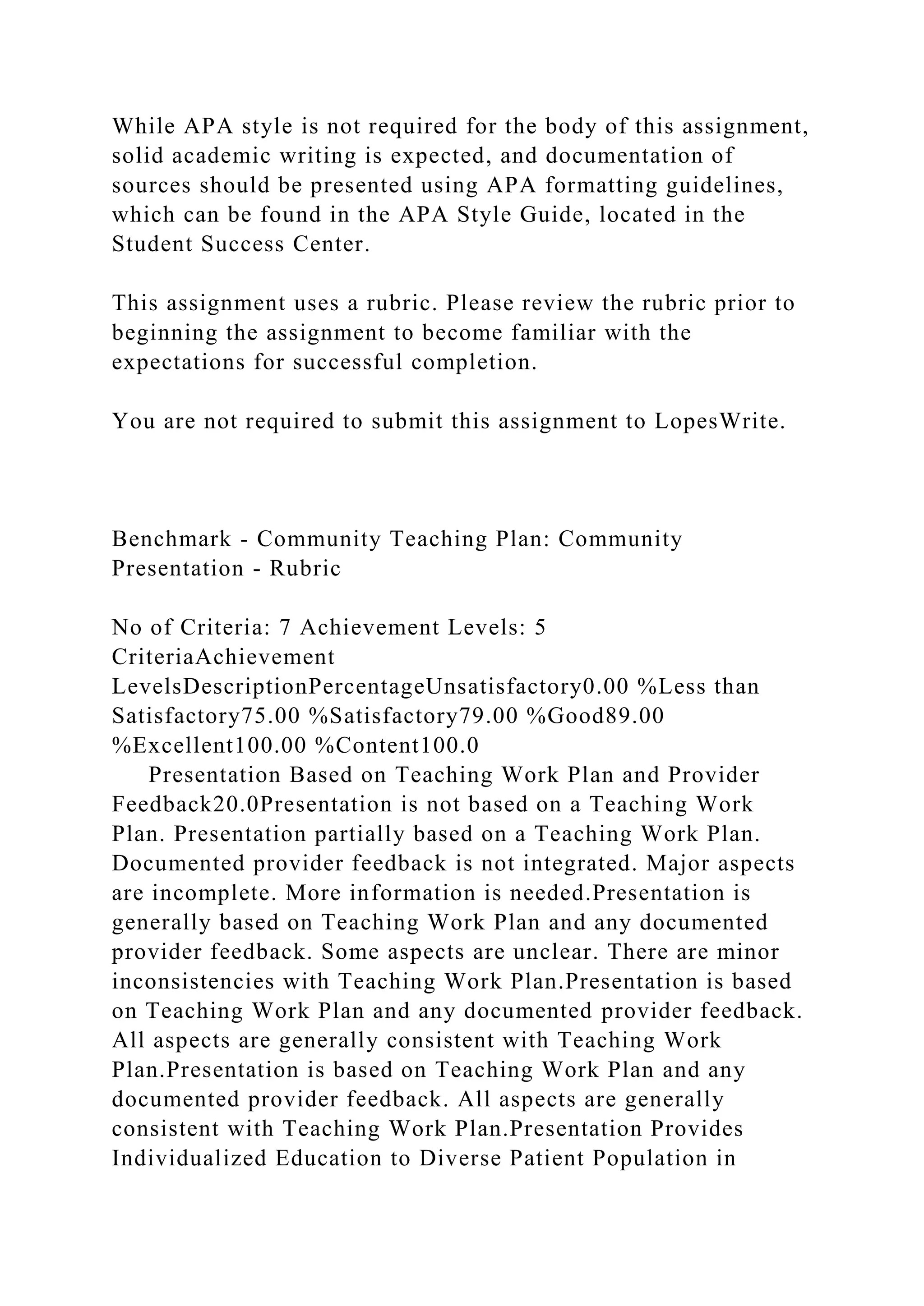 Benchmark - Community Teaching Plan Community Presentation The .docx