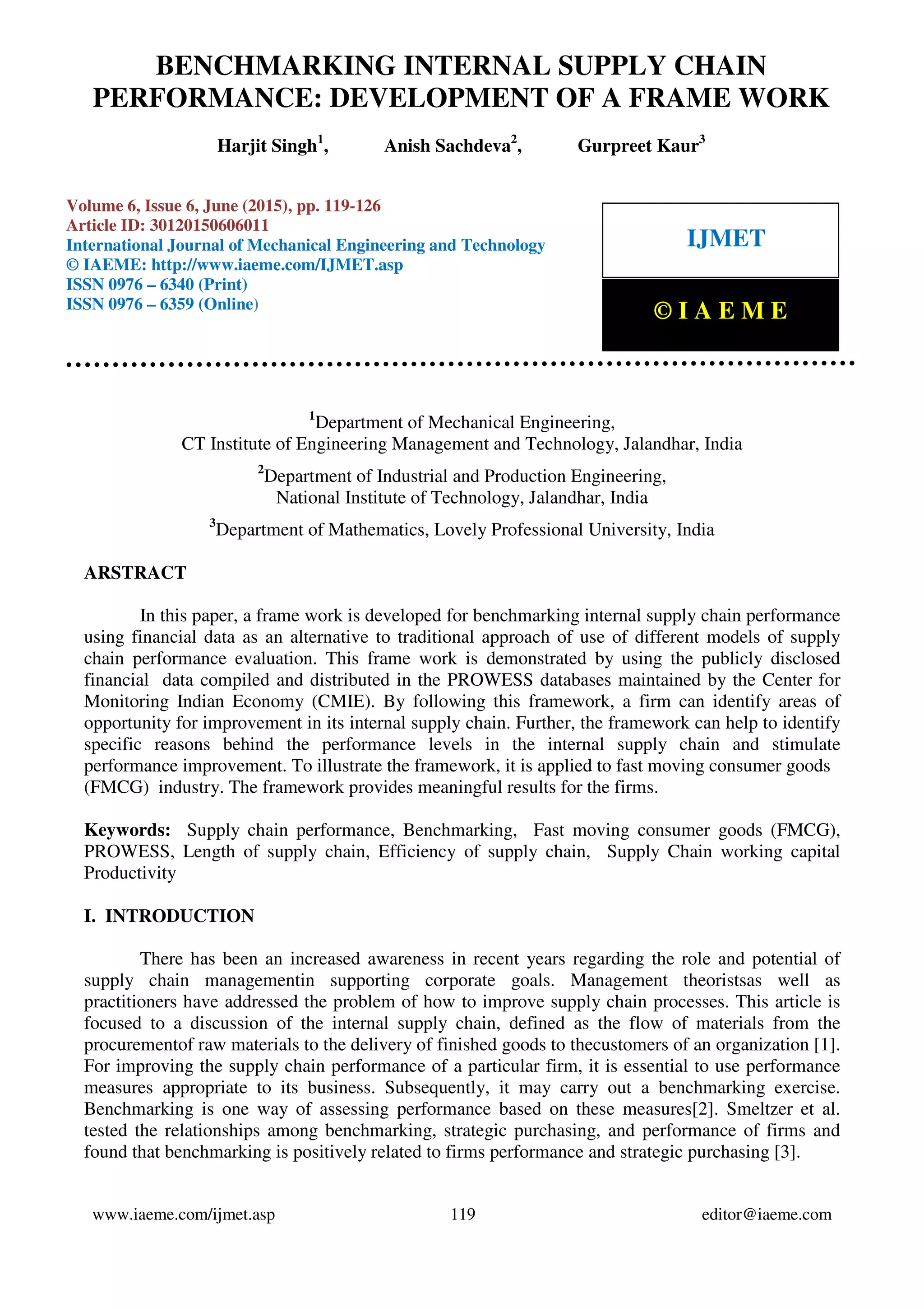 Benchmarking internal supply chain performance development of a frame work | PDF