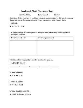 Benchmark math placements test 2 level b 2 form bma | PDF