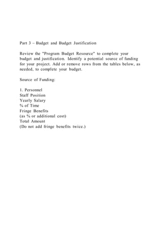 Benchmark – Program Implementation Plan Part 1 – Description of | PDF