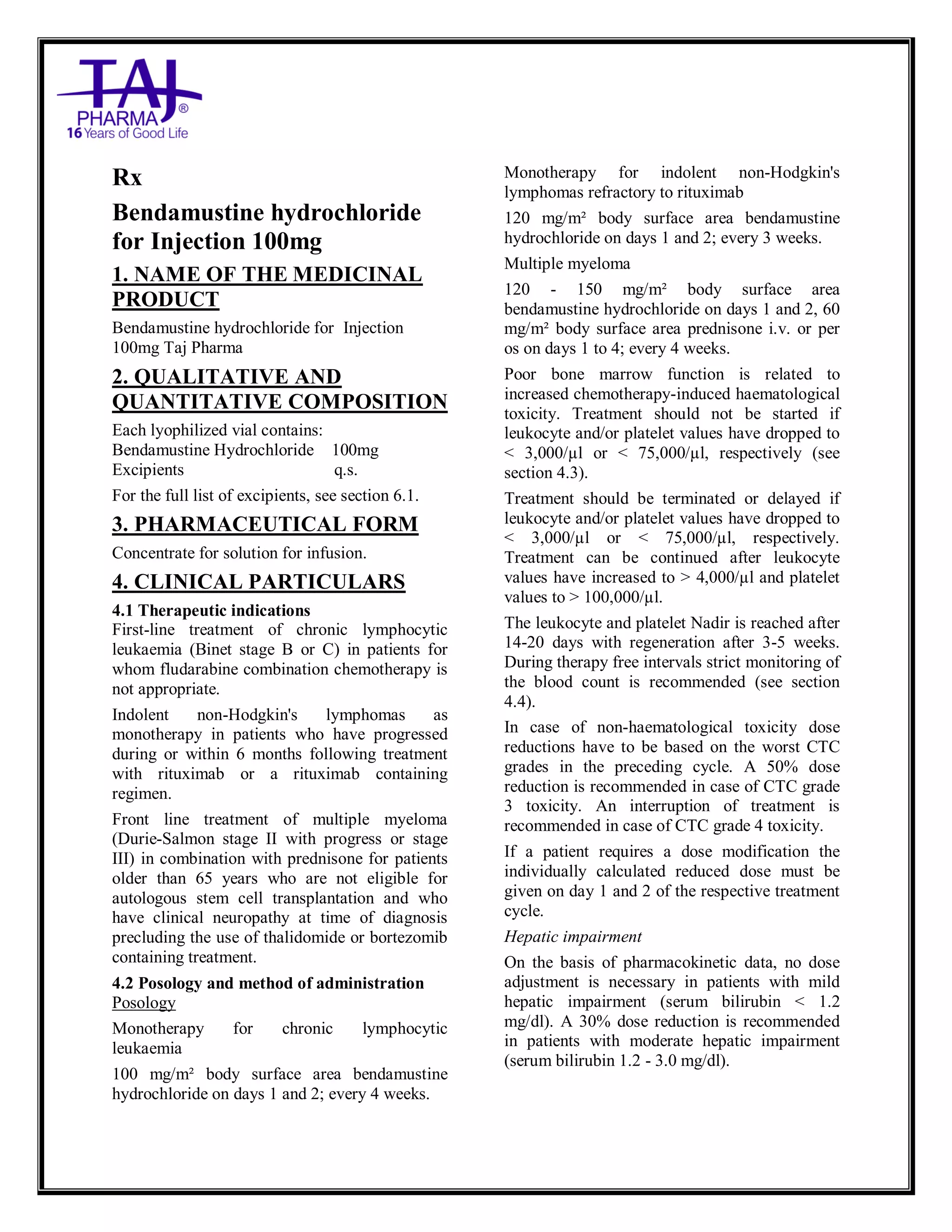 Bendamustine HCl for Injection Taj Pharma SmPC | PDF