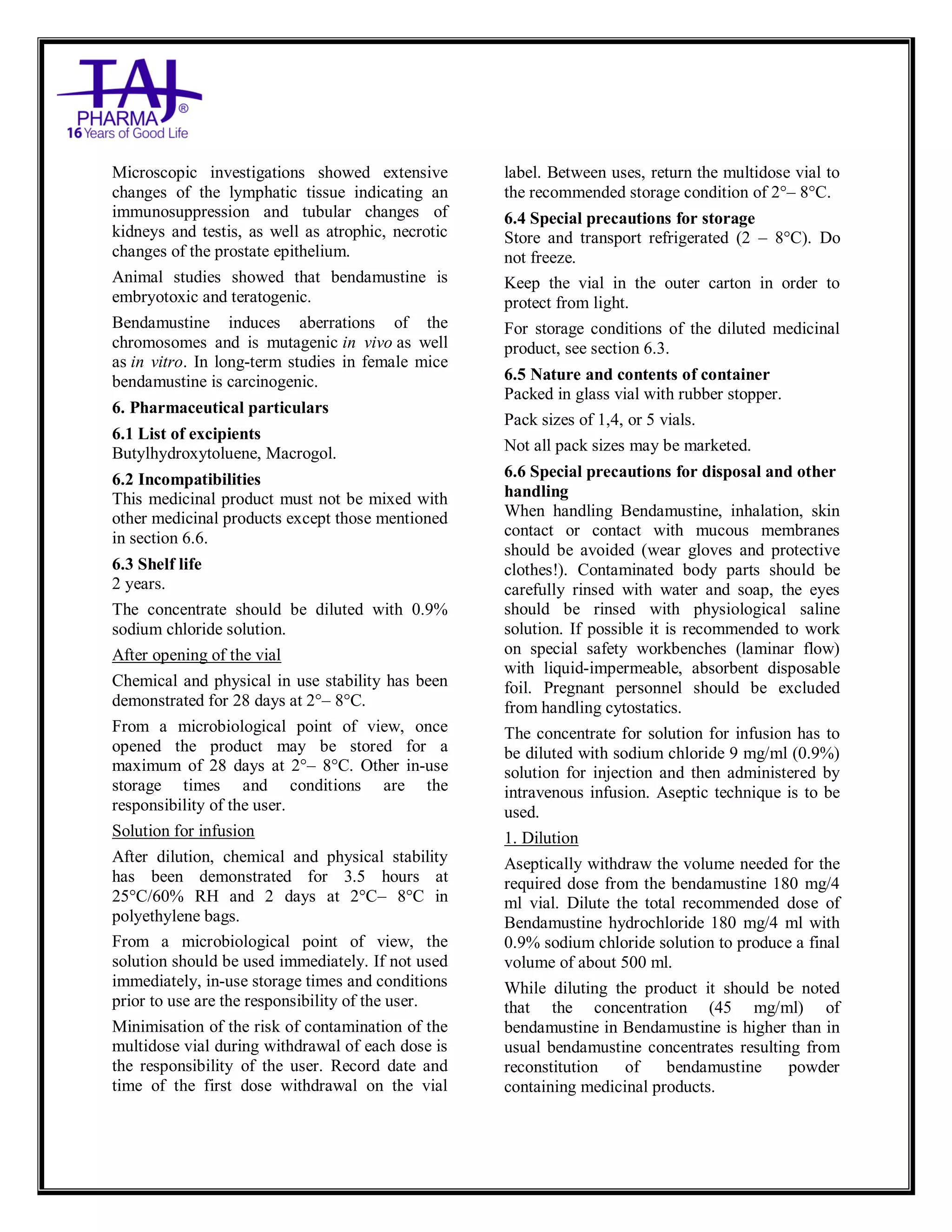 Bendamustine HCl for Injection Taj Pharma SmPC | PDF