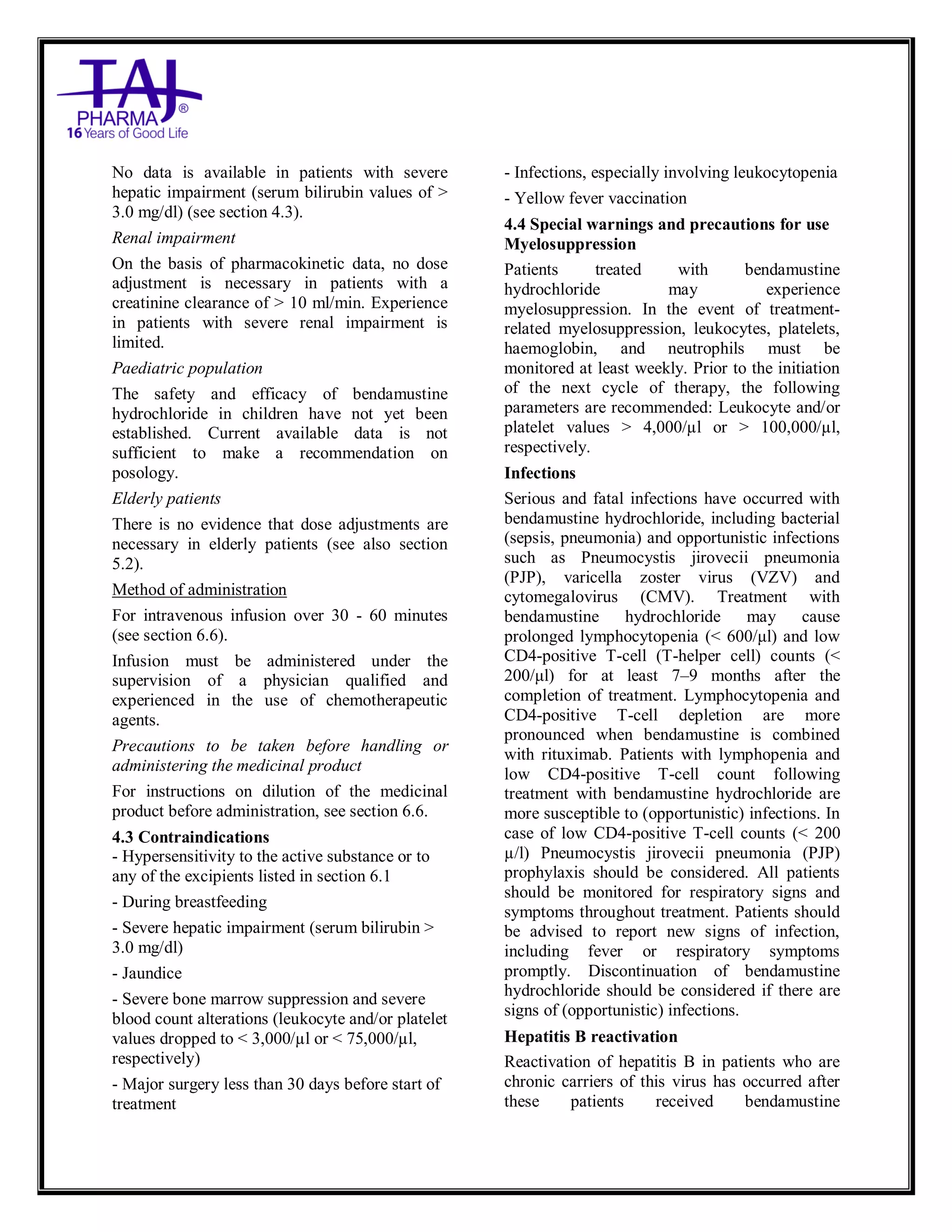 Bendamustine HCl for Injection Taj Pharma SmPC | PDF