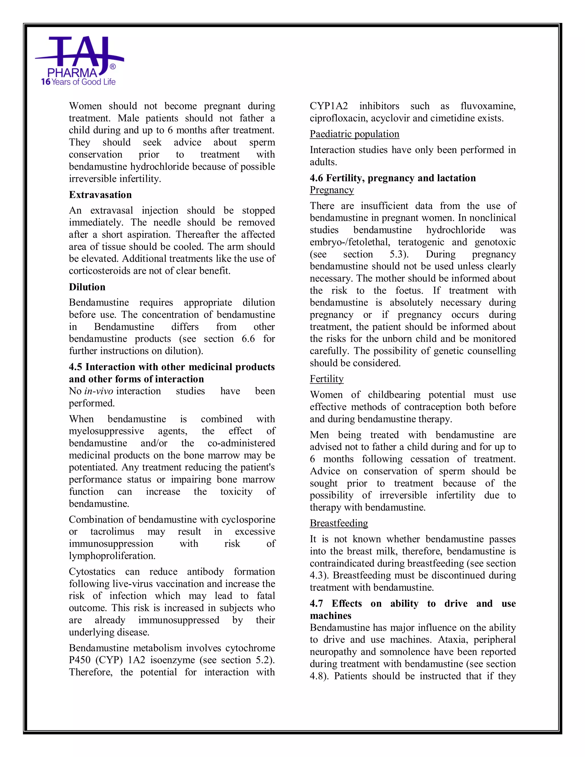 Bendamustine HCl for Injection Taj Pharma SmPC | PDF