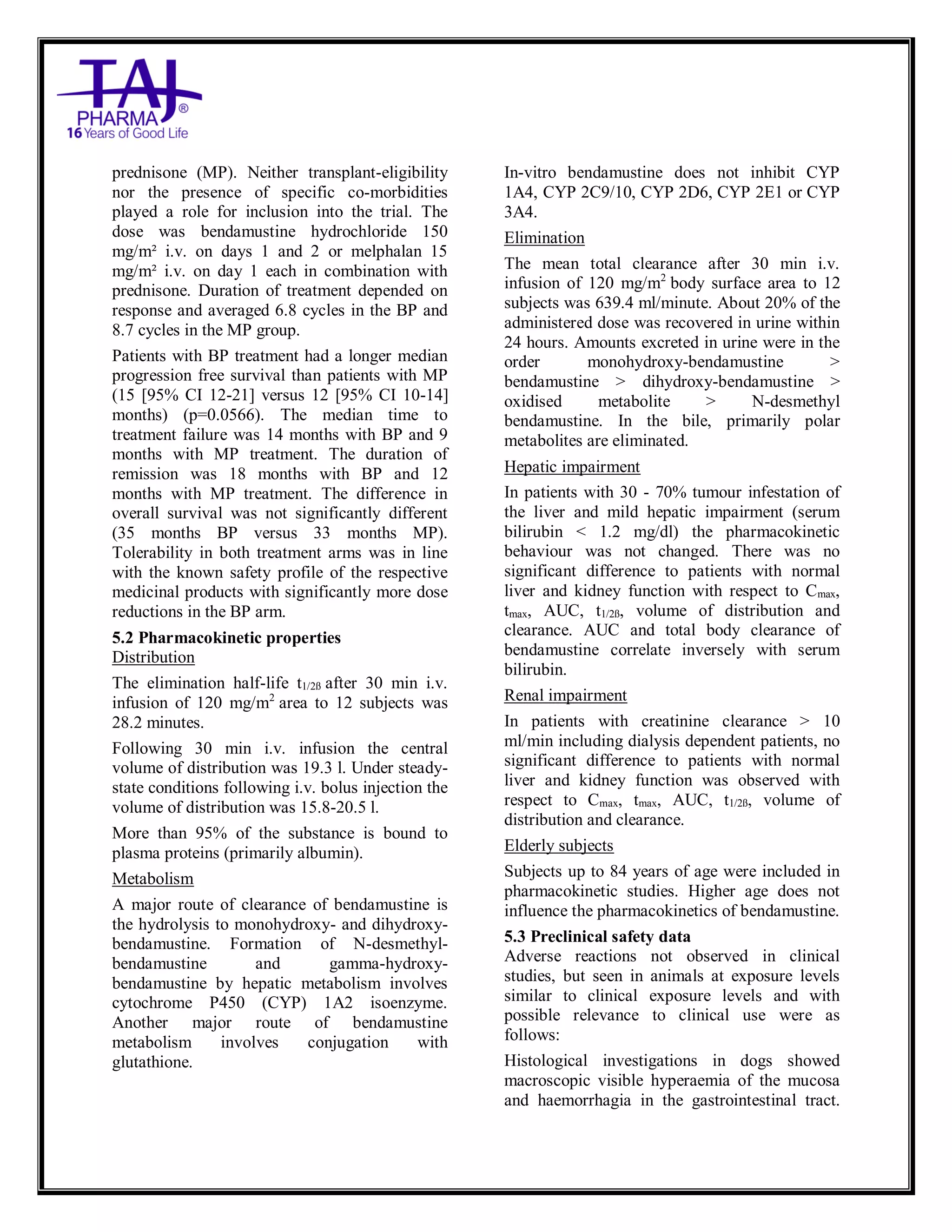 Bendamustine HCl for Injection Taj Pharma SmPC | PDF