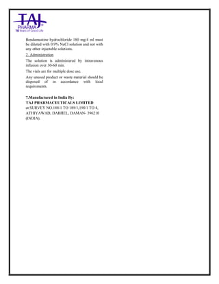 Bendamustine HCl for Injection Taj Pharma SmPC | PDF
