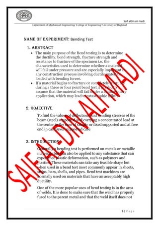 Bending test | MECHANICS OF MATERIALS Laboratory | U.O.B | | PDF