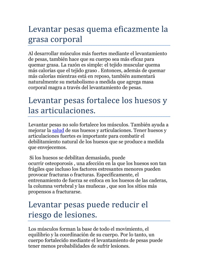 Beneficios de hacer ejercicios con pesas en la salud | PDF
