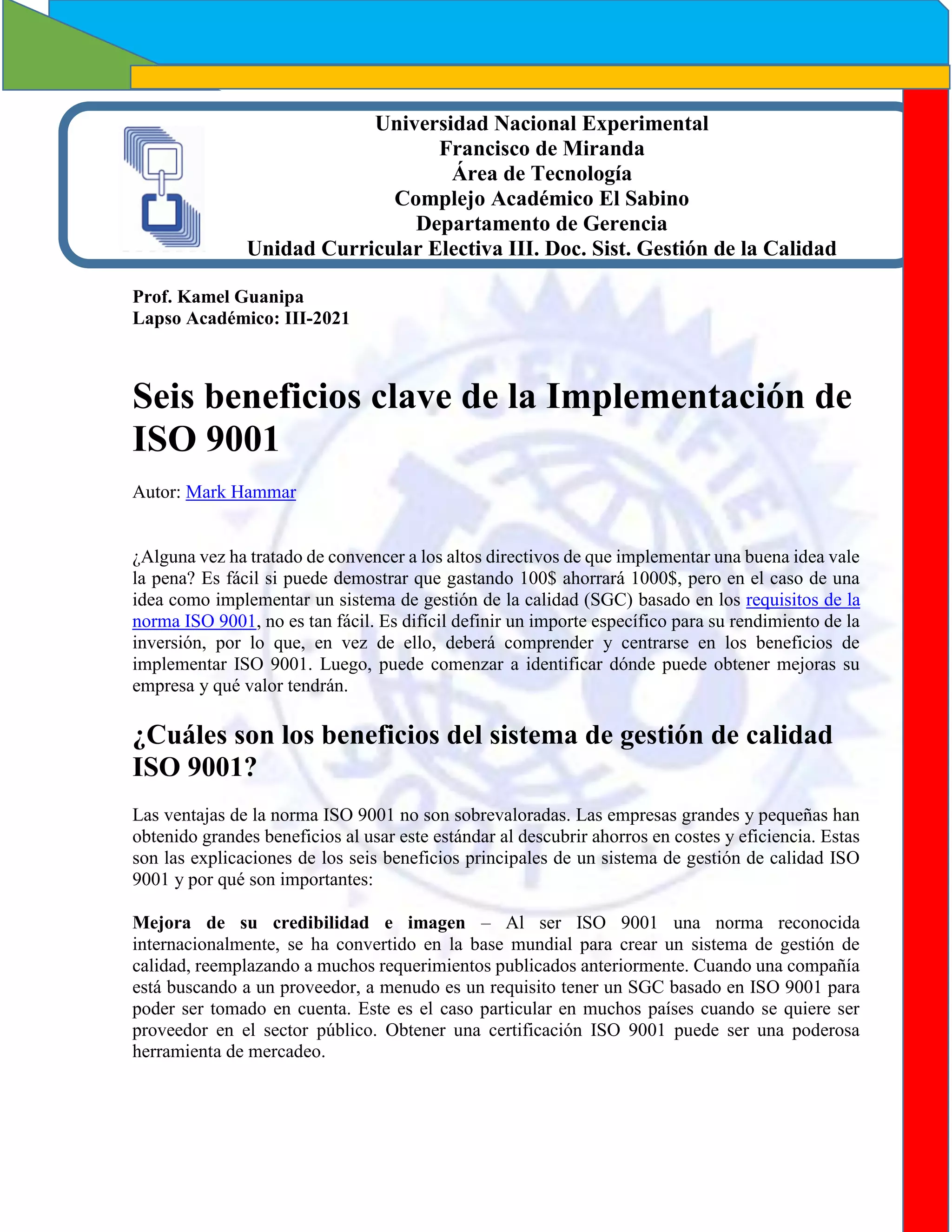 Beneficios de la ISO 9001 | PDF