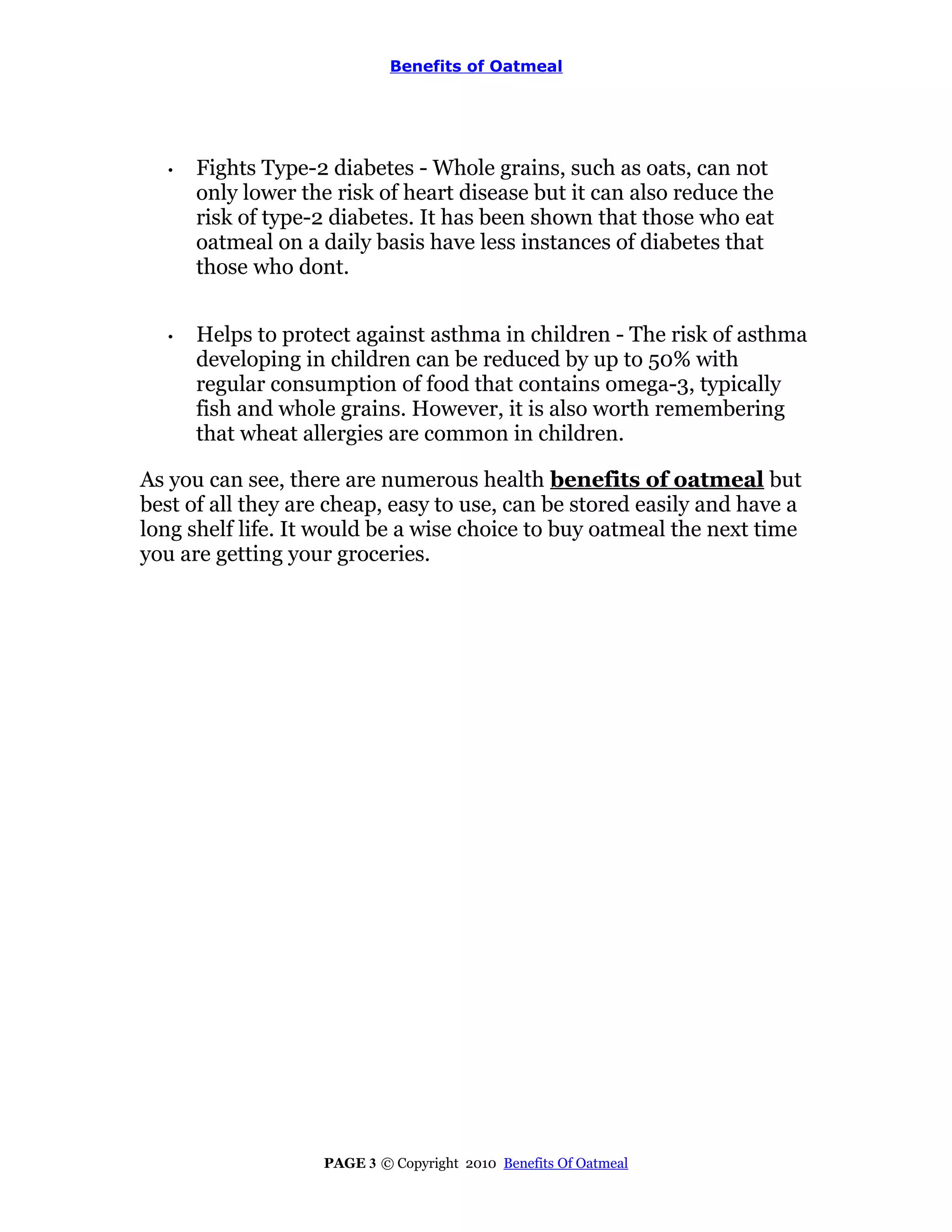 Benefits of Oatmeal | PDF