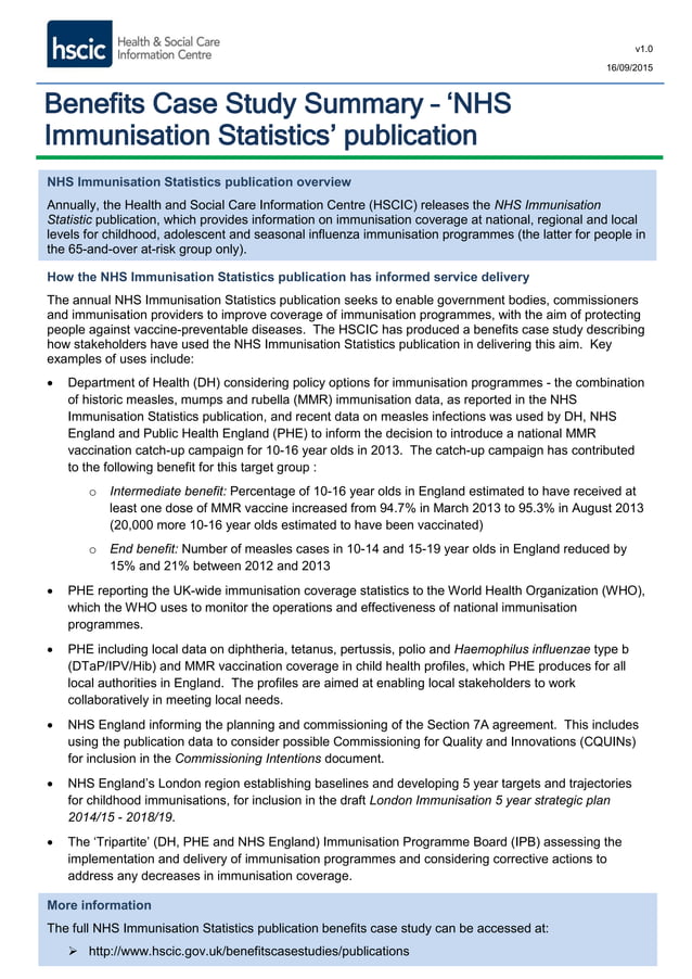 Benefits case study summary: NHS Immunisation Statistics Publication | PDF