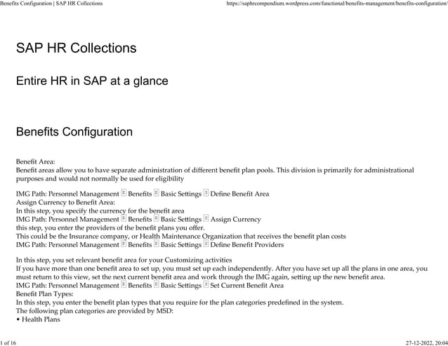 Benefits Configuration SAP HR Collections.pdf | Personal Finance