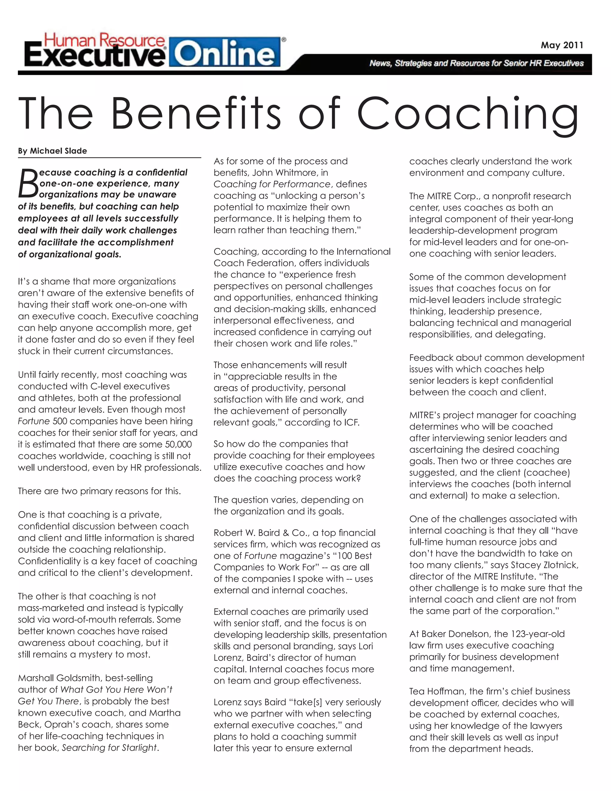 Benefits of Coaching - Human Resource Executive Magazine | PDF