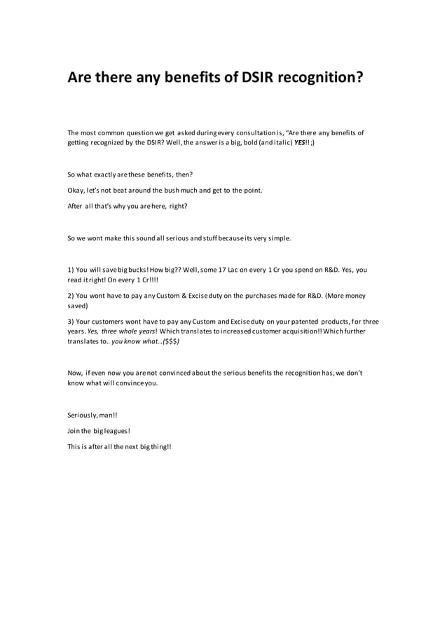 Benefits of DSIR's in-house recognition | DOCX