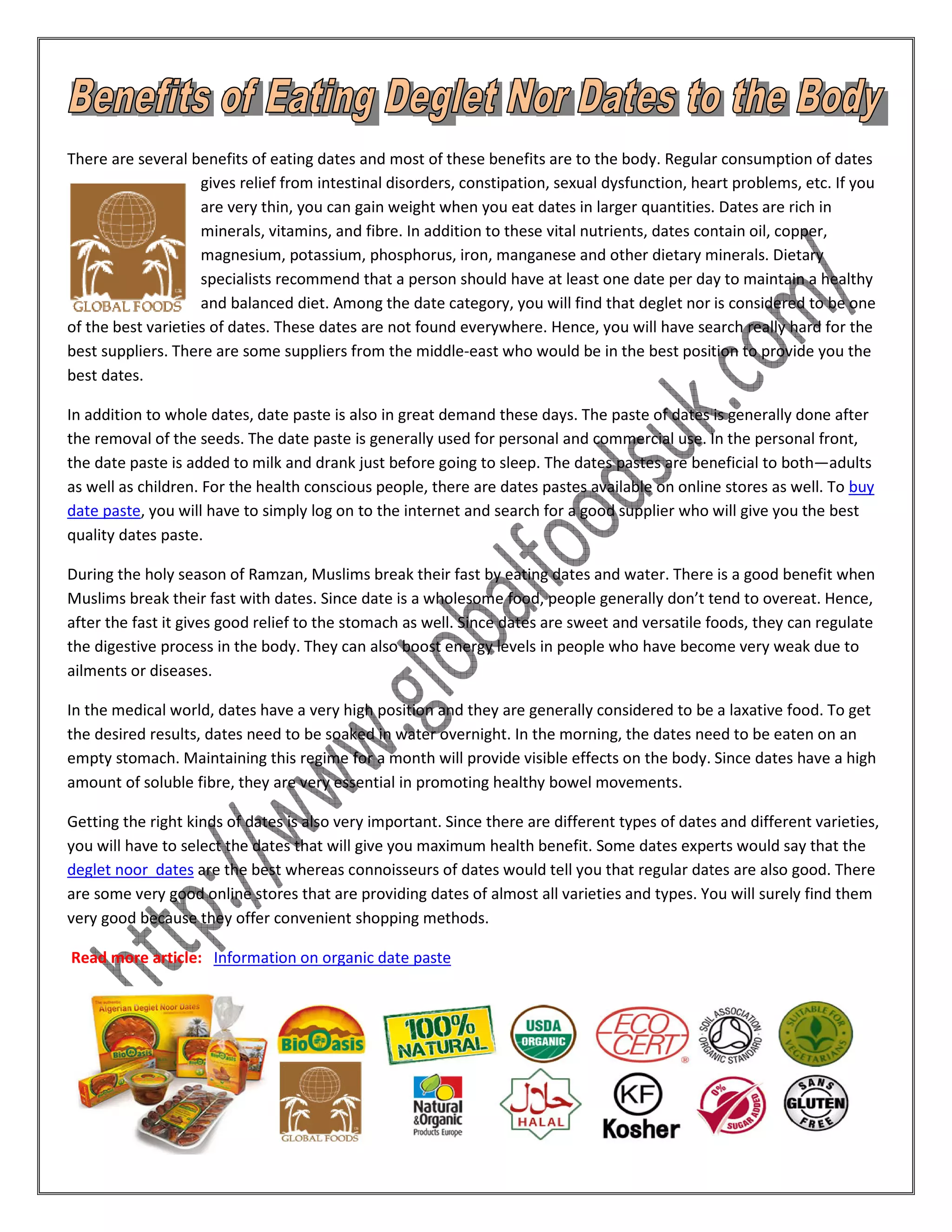 Benefits of eating deglet nor dates to the body | PDF