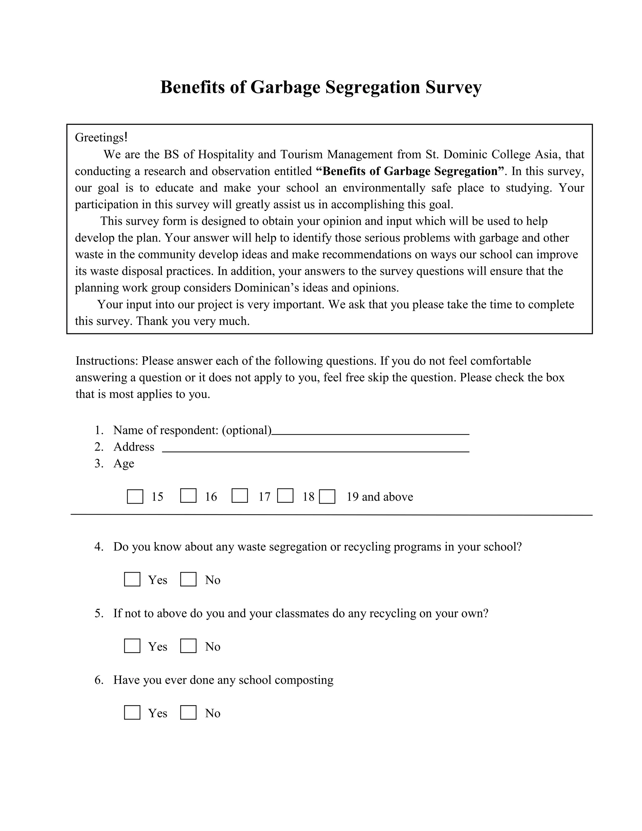 Benefits of garbage segregation survey | DOCX