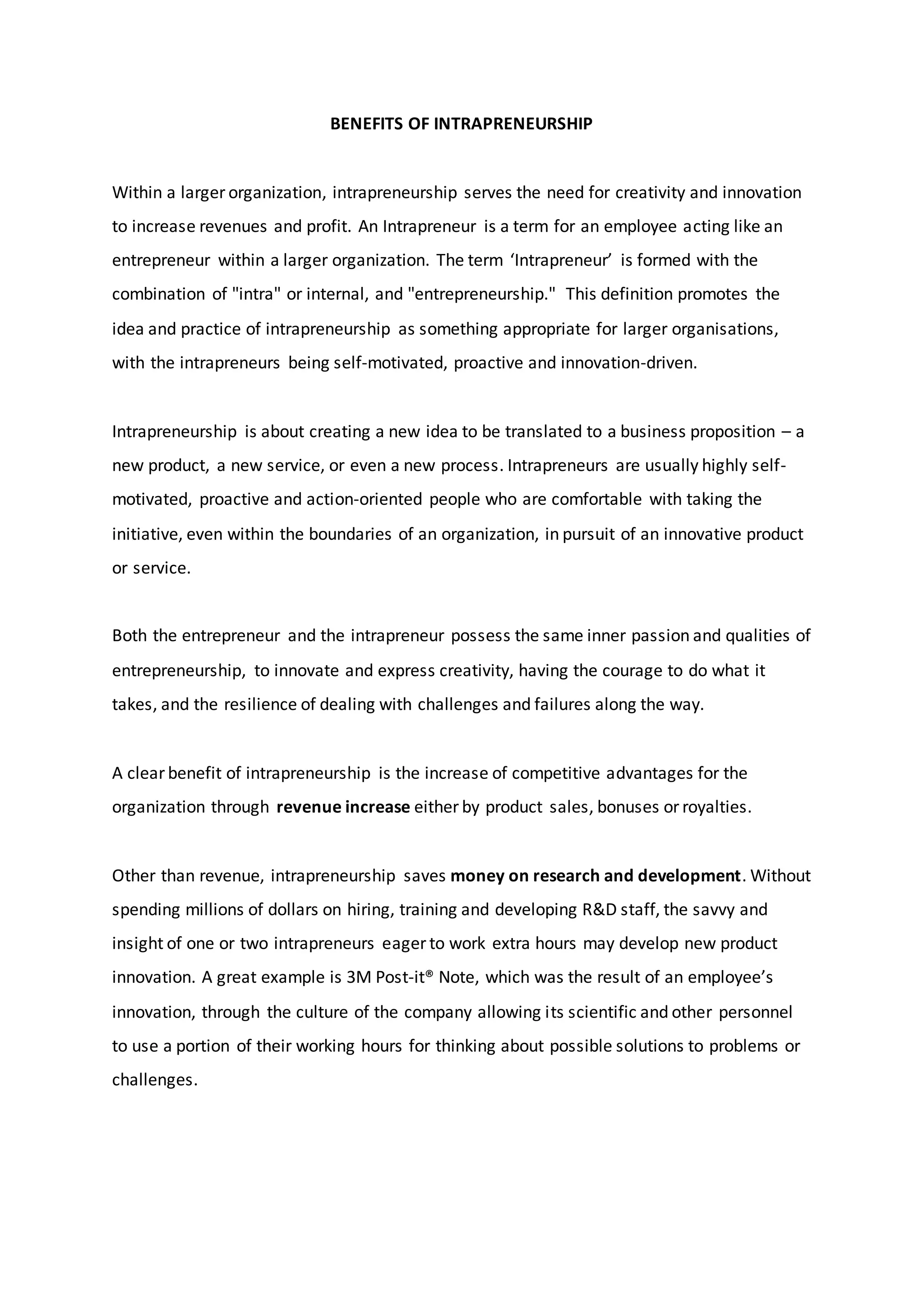 Benefits of Intrapreneurship | DOCX