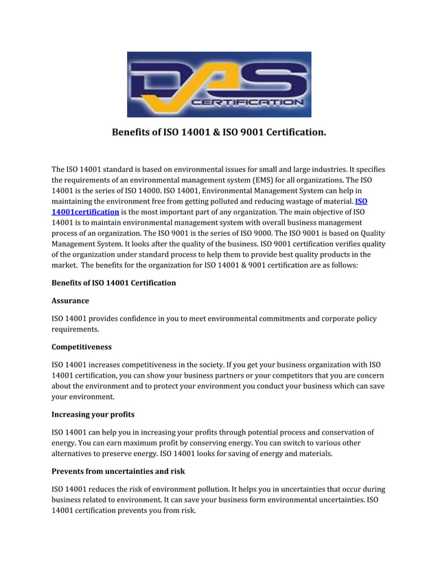 Benefits of iso 14001 & iso 9001 certification. | PDF