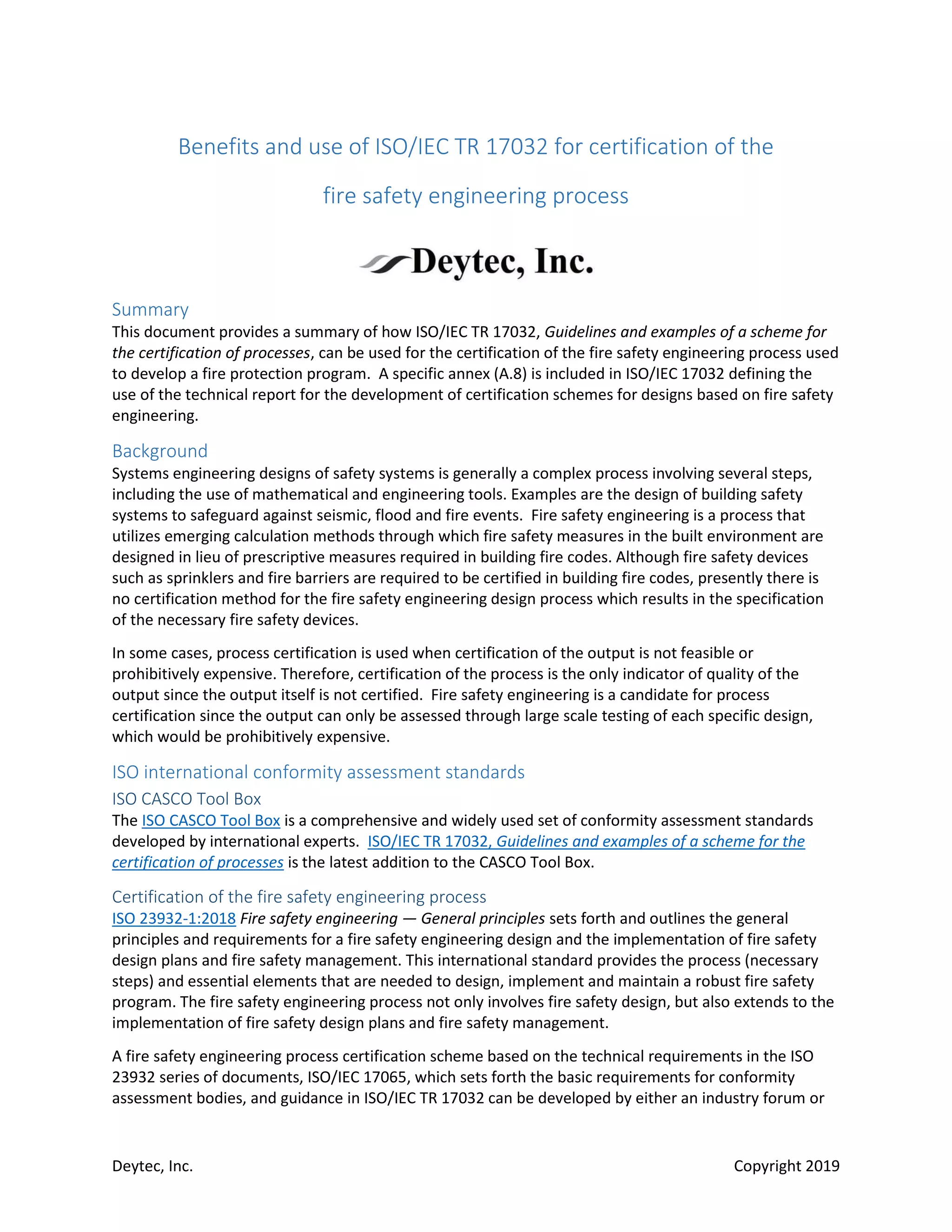 Benefits of ISO/IEC TR 17032 for certification of fire safety engineering process | PDF