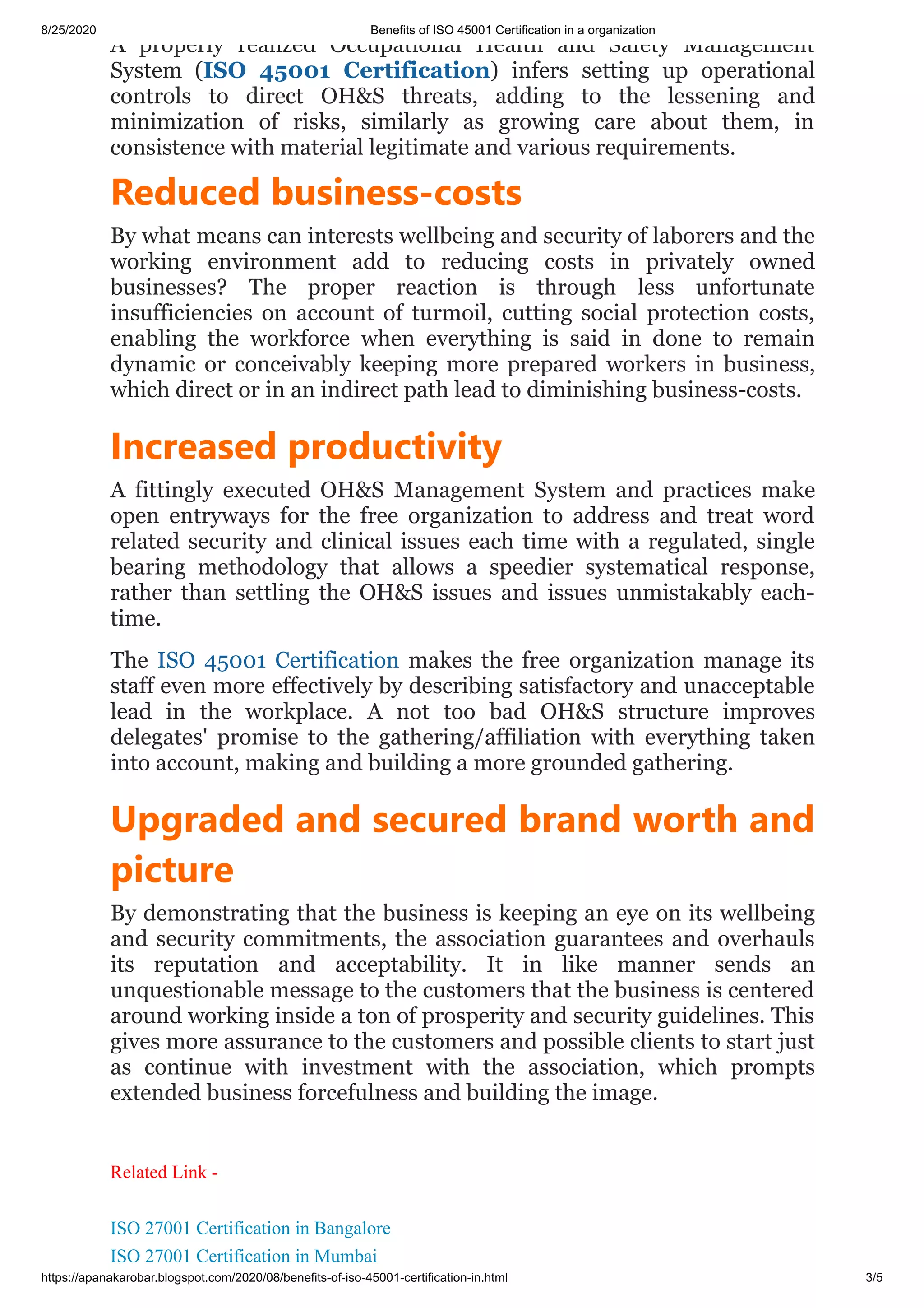What are Benefits of ISO 45001 Certification in a organization? | PDF
