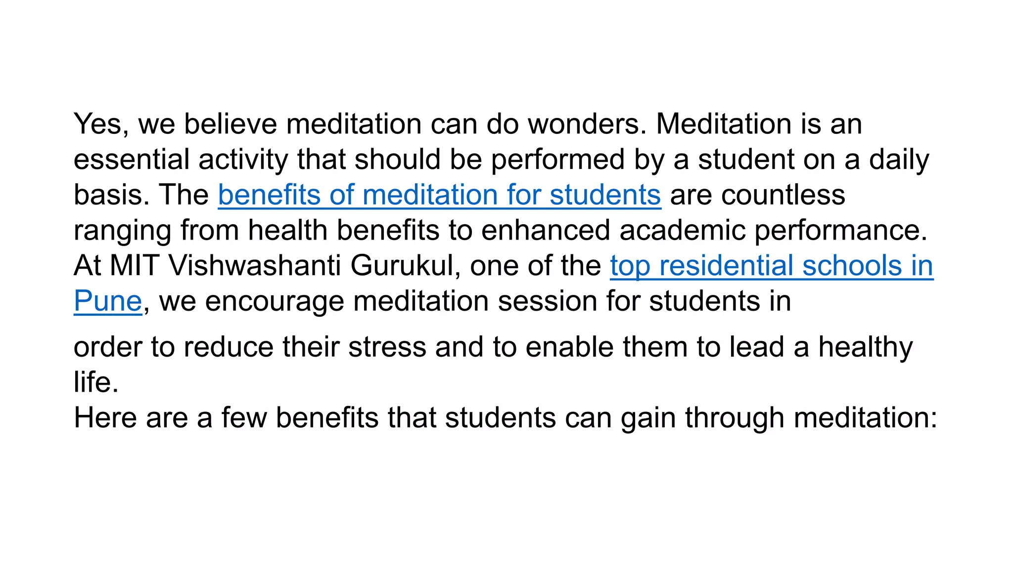 Benefits of Meditation for Students - MIT Vishwashanti Gurukul | PPT