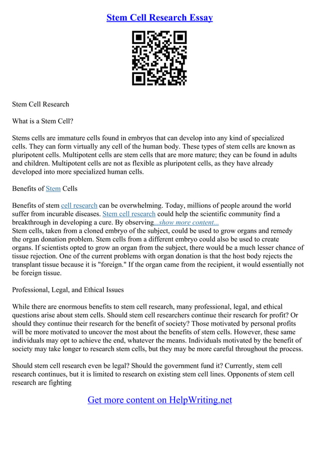 Benefits Of Stem Cell Research Essay | PDF