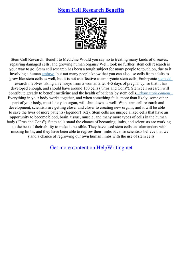 Benefits Of Stem Cell Research Essay | PDF