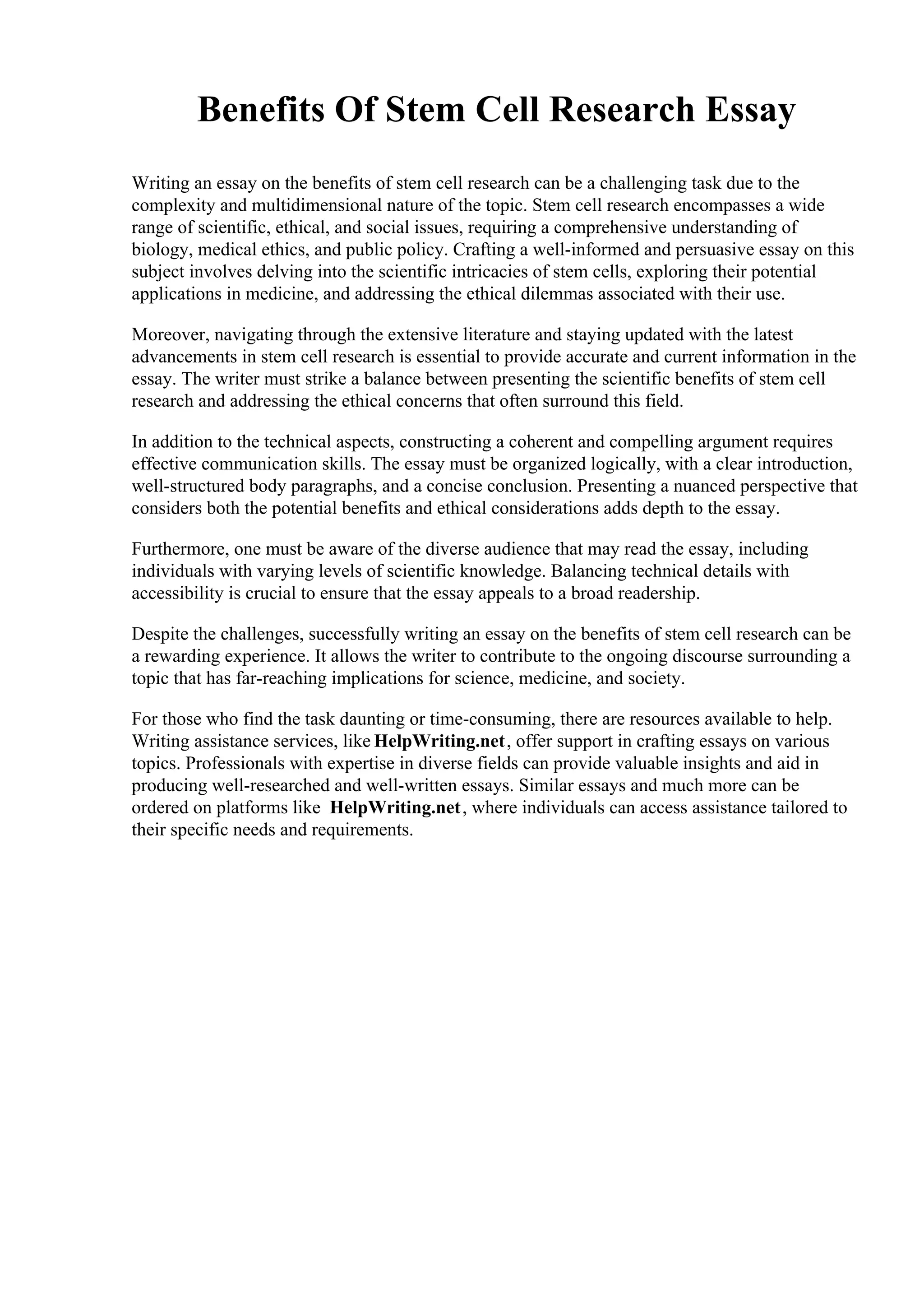 Benefits Of Stem Cell Research Essay | PDF