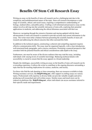 Benefits Of Stem Cell Research Essay | PDF