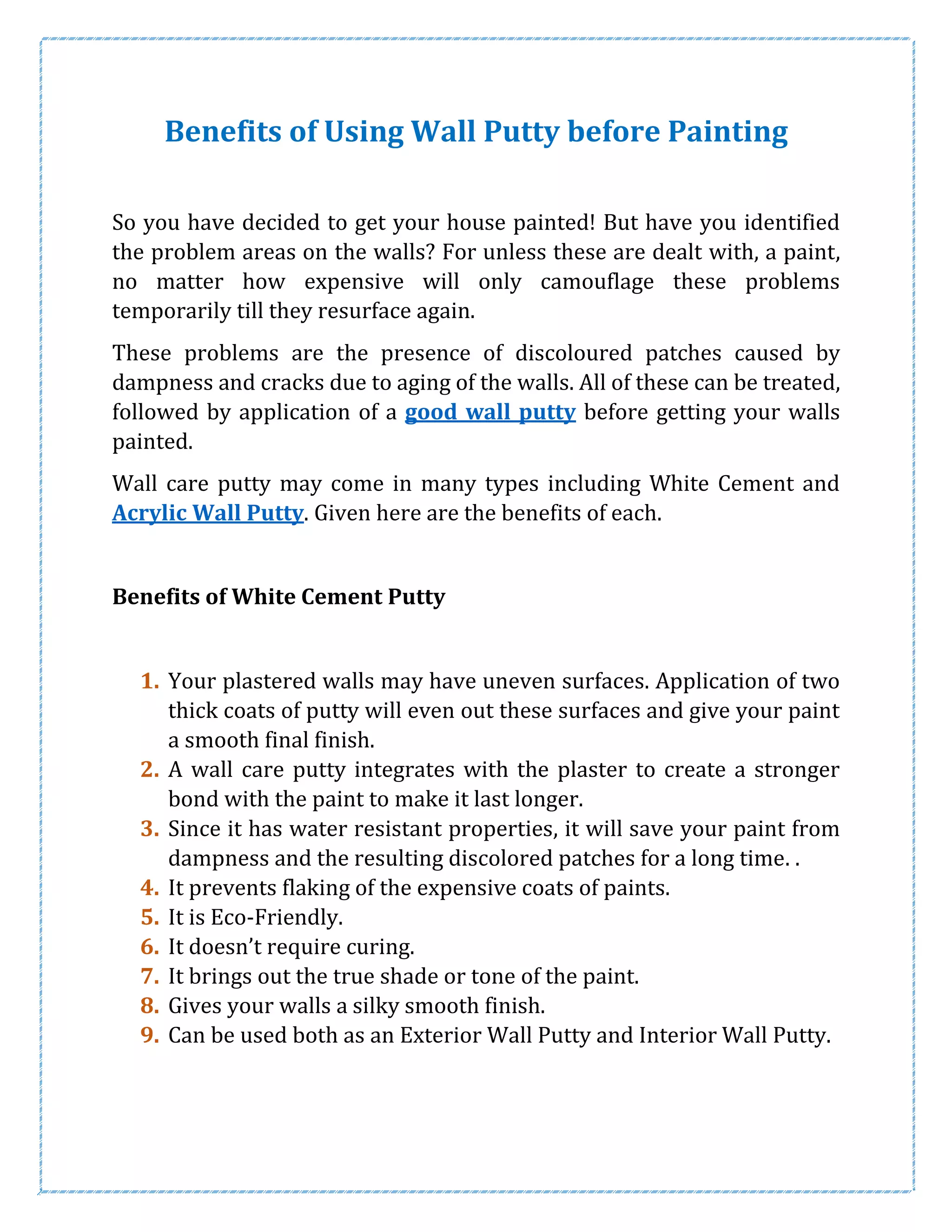 Benefits of Using Wall Putty before Painting | PDF