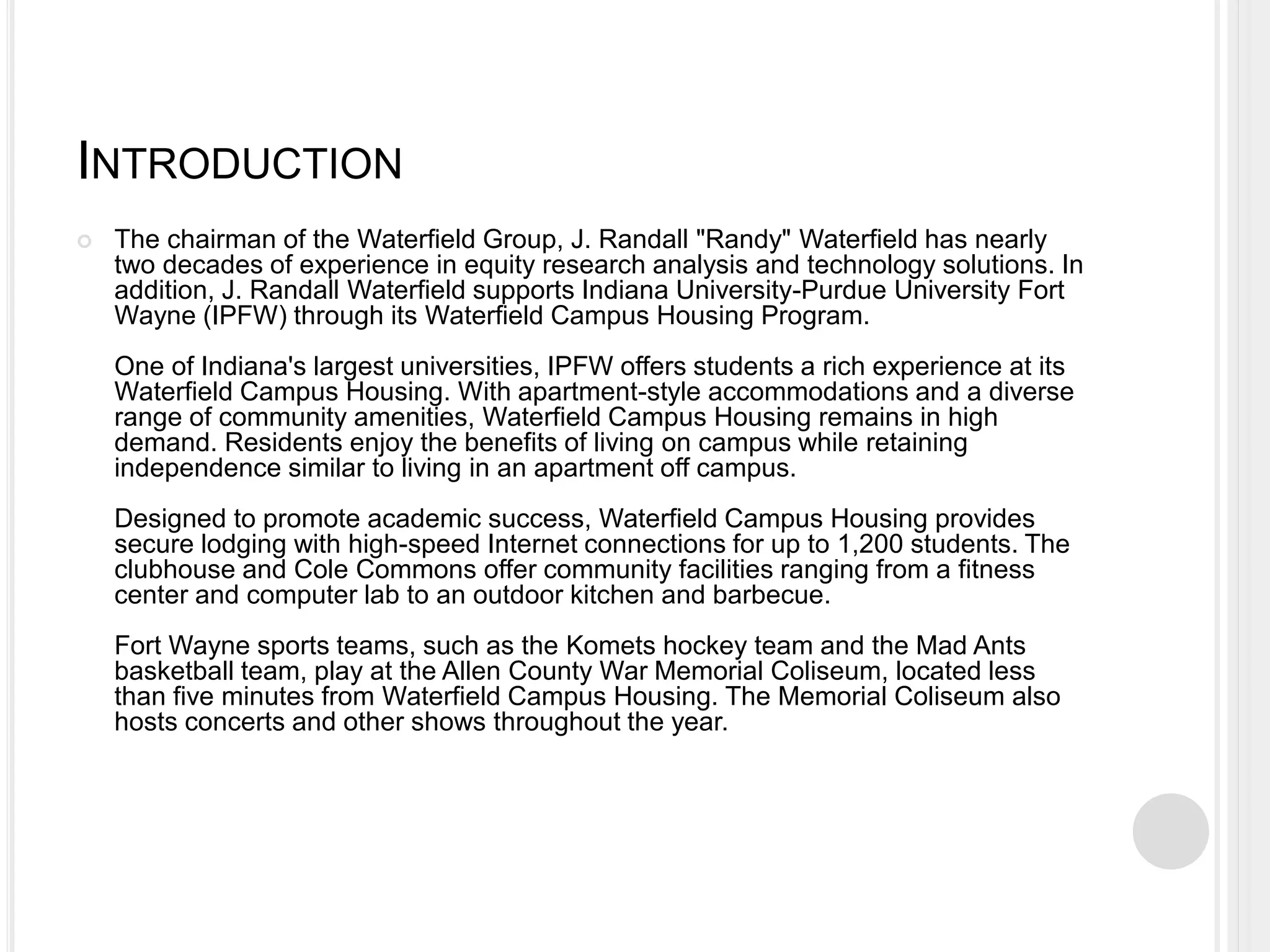 Benefits of Waterfield Campus Housing at IPFW | PPTX