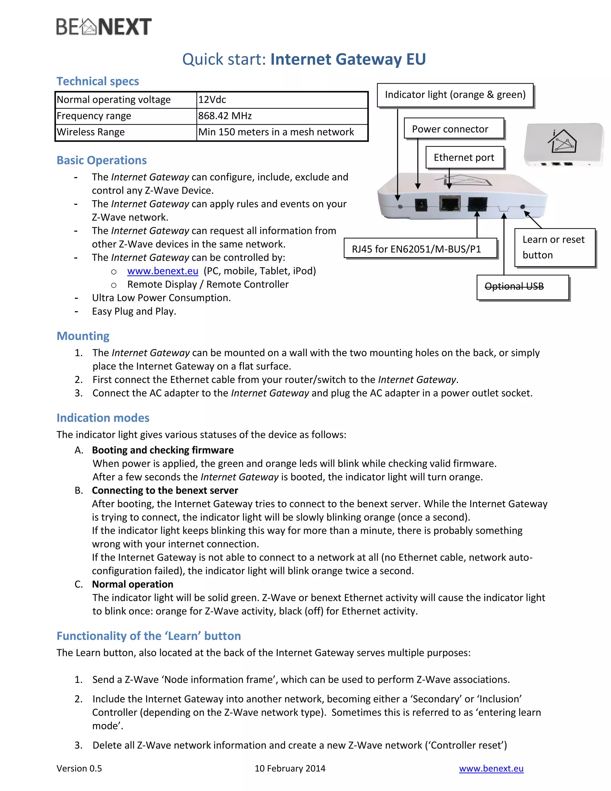 Benext Z-Wave Gateway Manual English | PDF