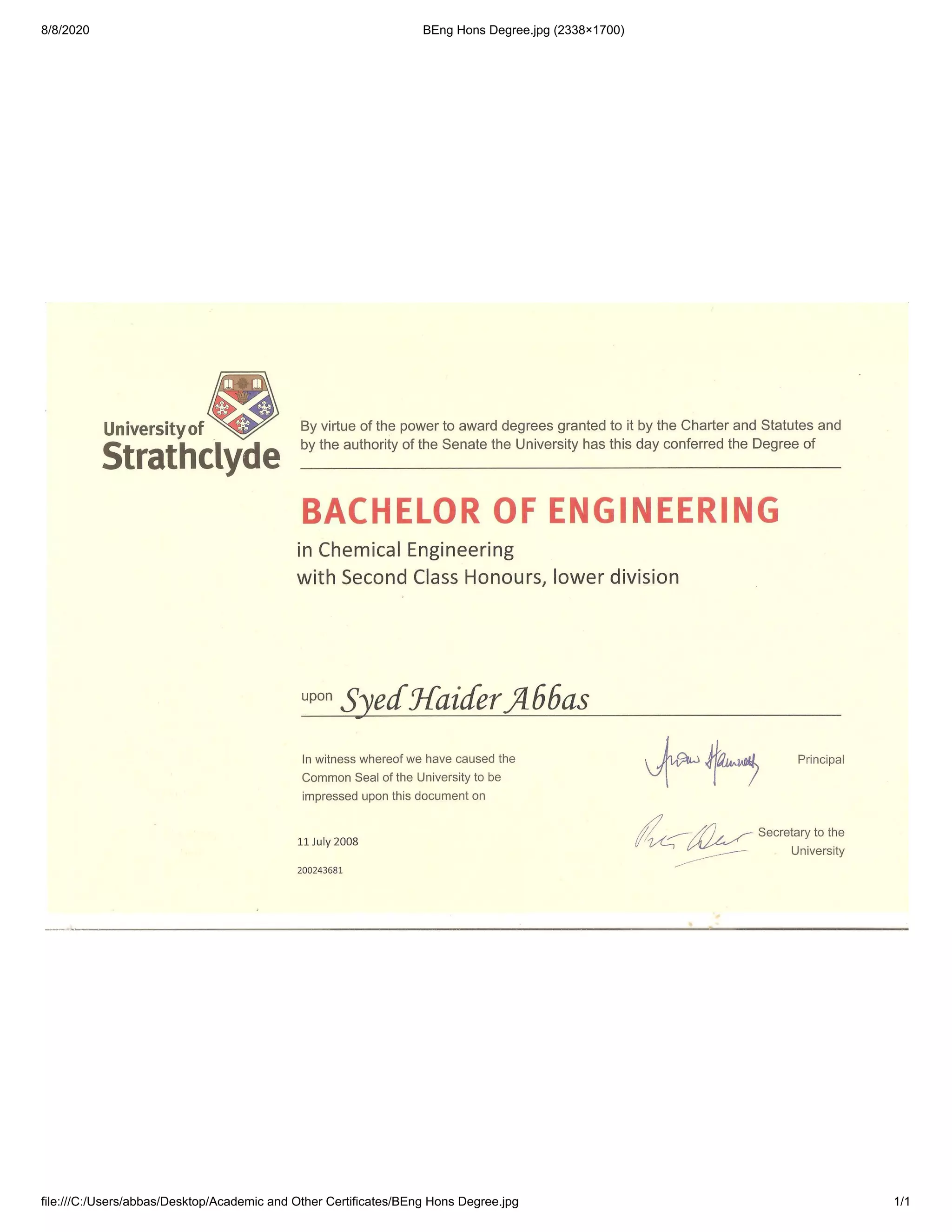 BEng Hons Degree, University of Strathclyde, Glasgow, UK | PDF