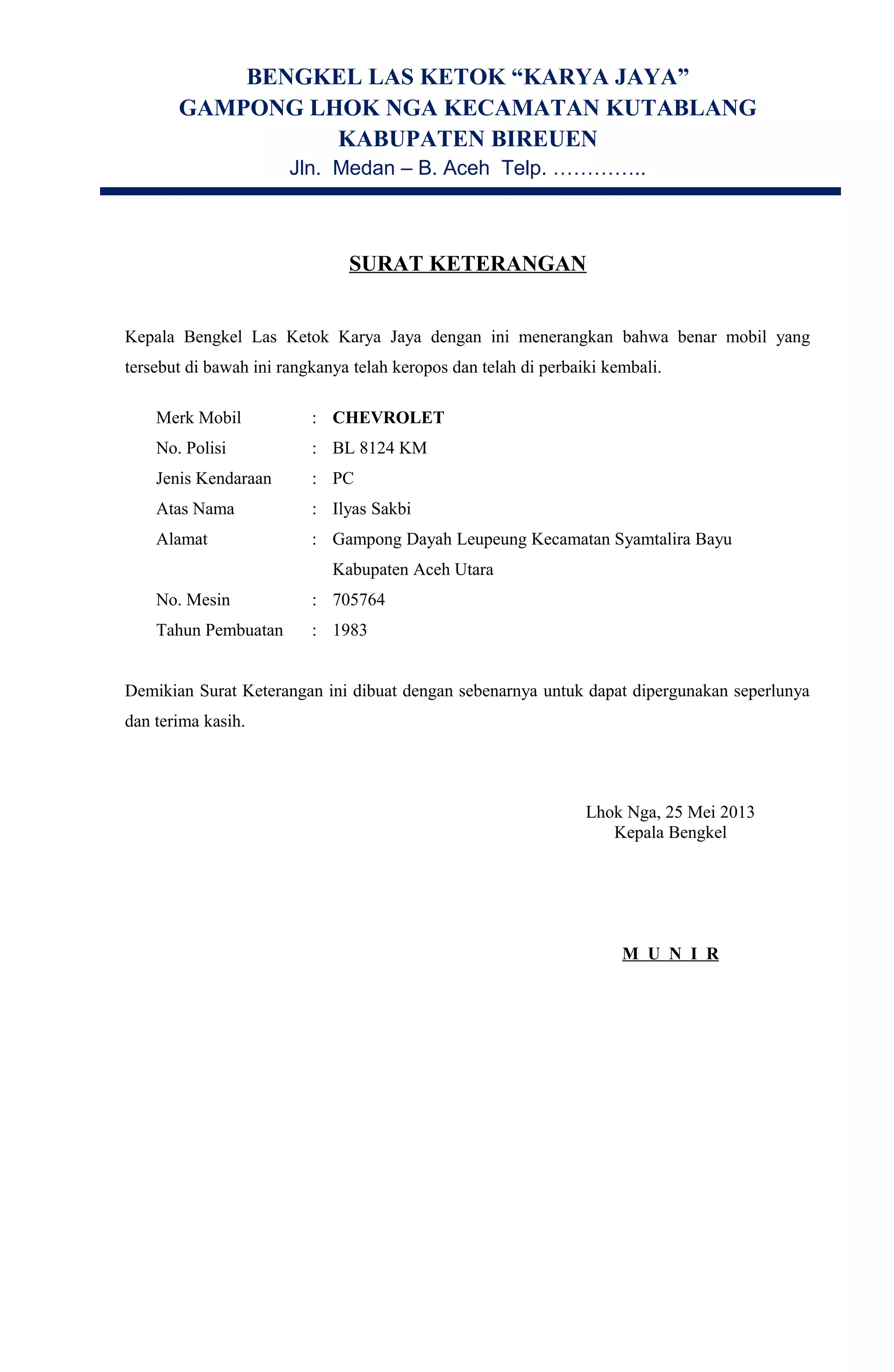 Bengkel las ketok surat keterangan | DOC