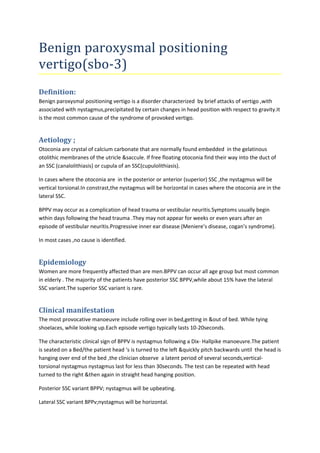 Benign paroxysmal positional vertigo(sbo 3) | PDF