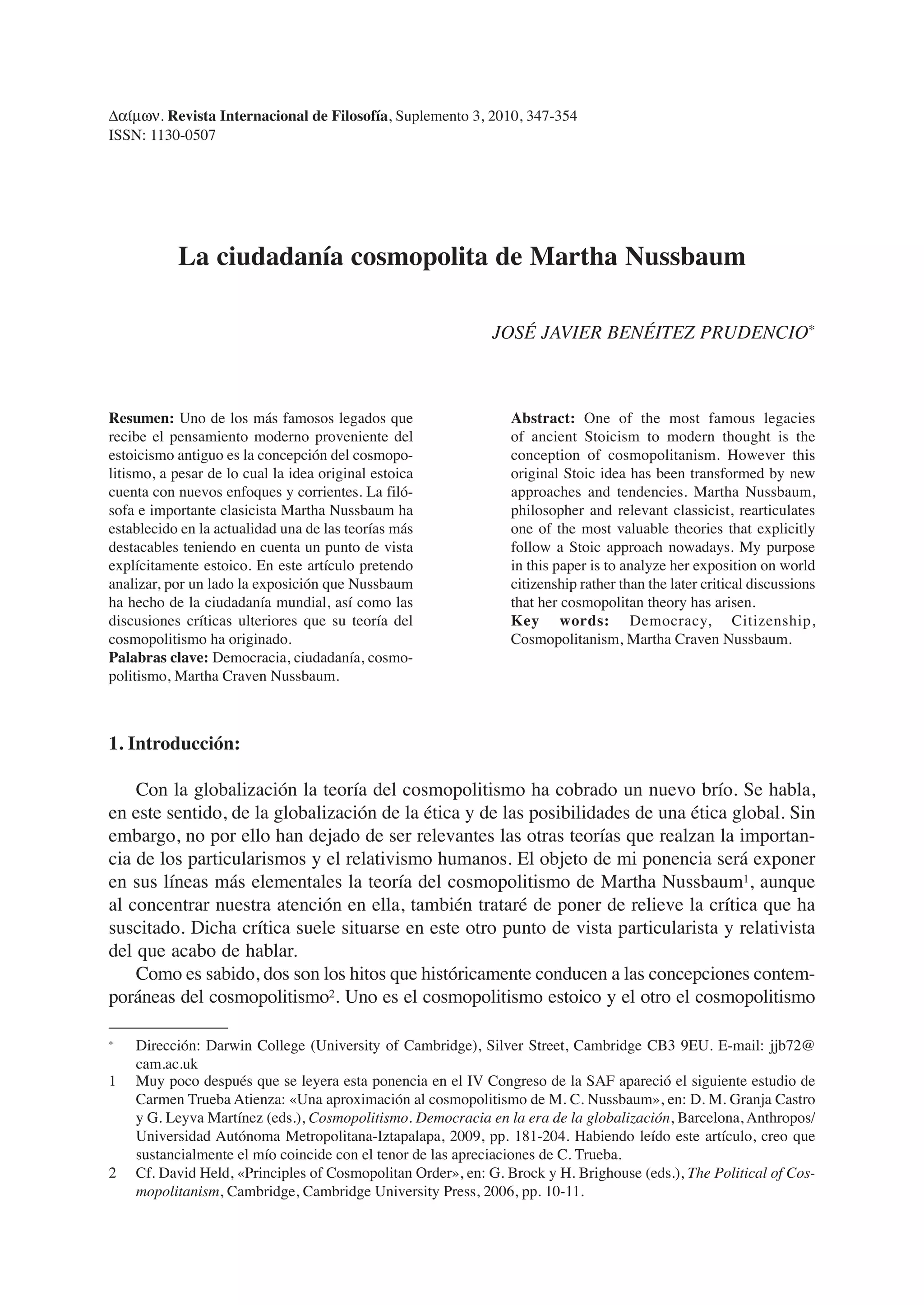 Benéitez la ciudadanía cosmopolita de martha nussbaum | PDF