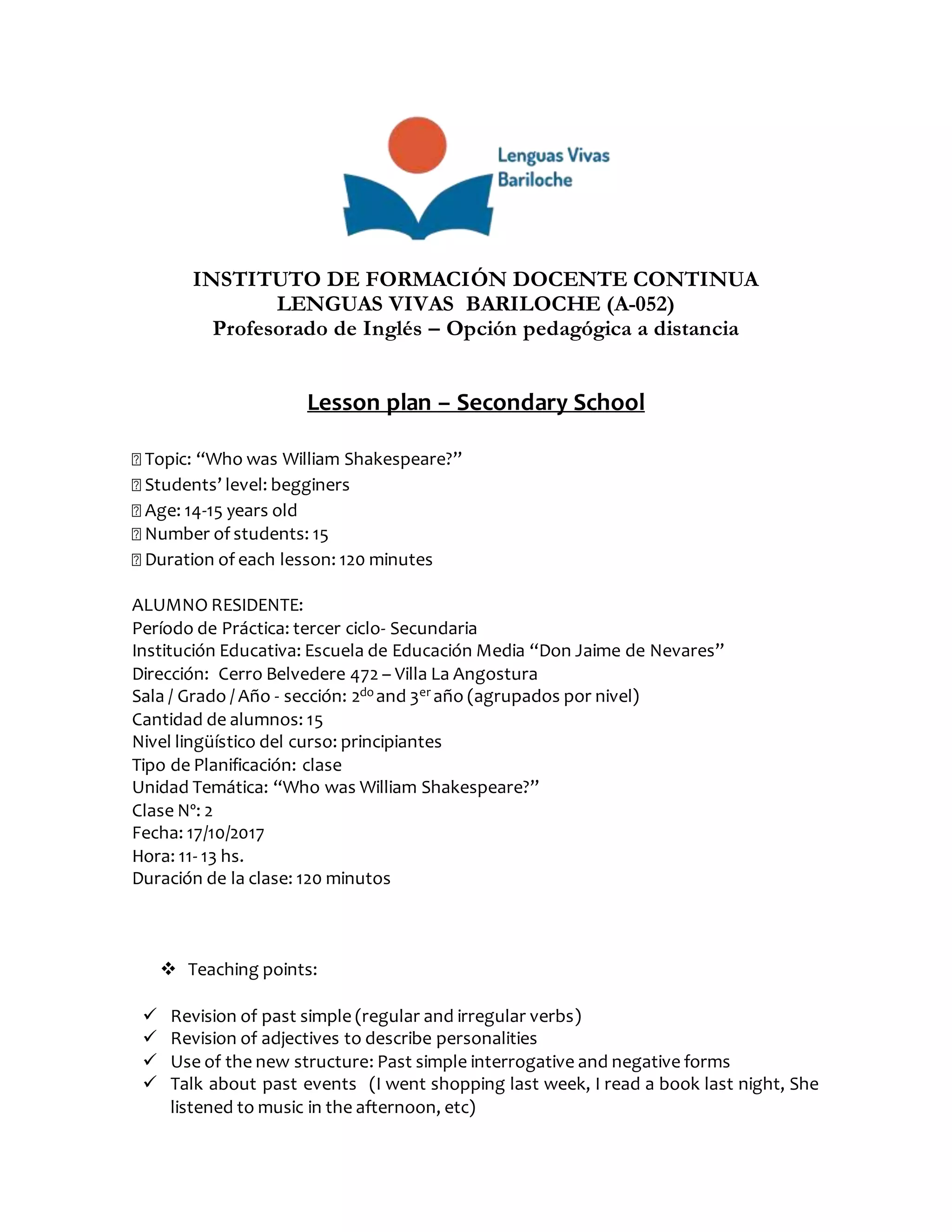 Lesson Plan Secondary School Practicum Class 2 | PDF