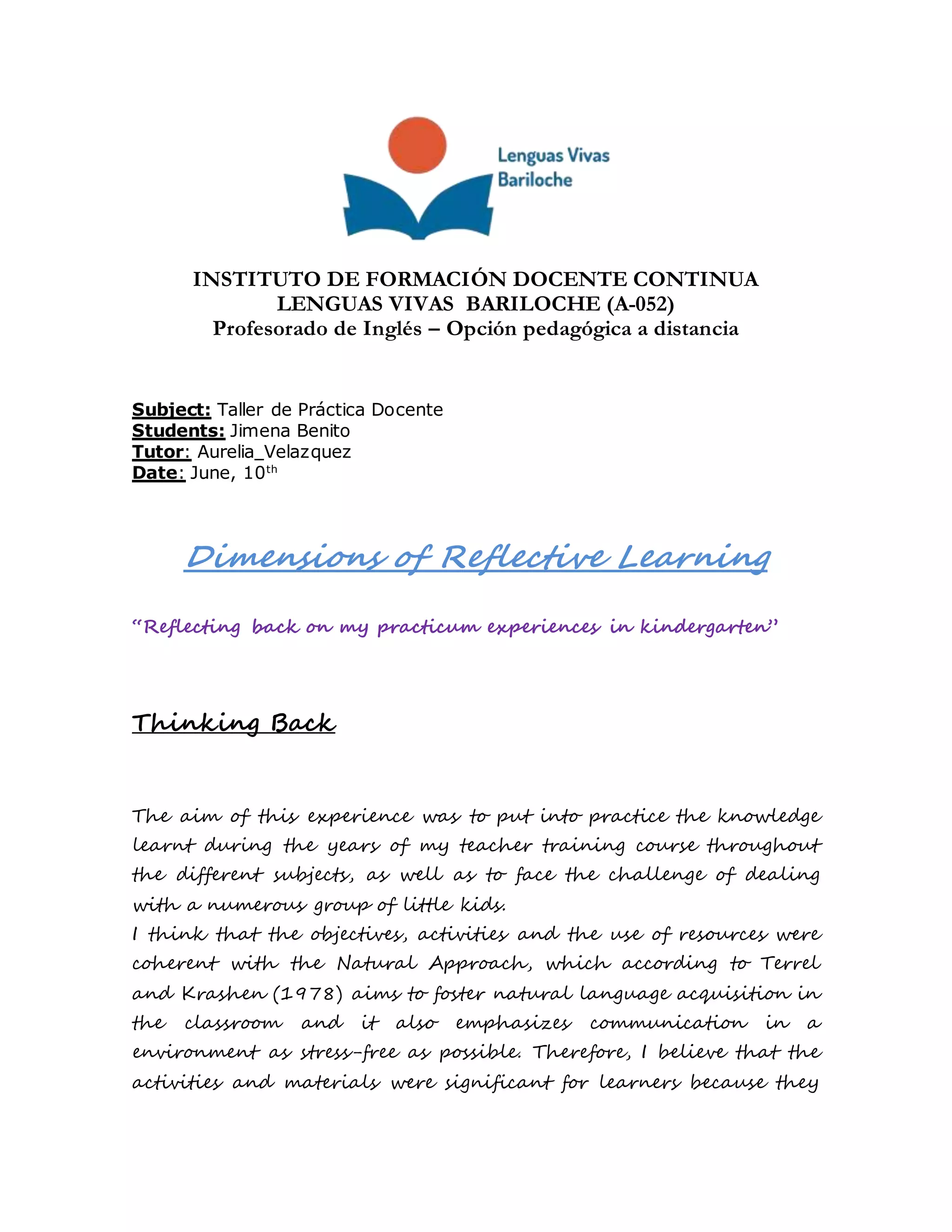 Kindergarten Final Reflection. Jimena Benito | PDF