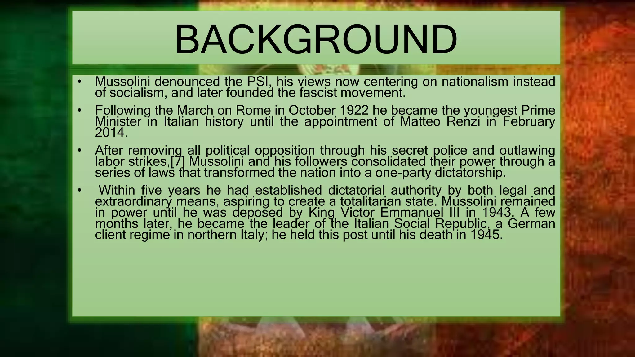 Benito Mussolini Fascism King | PPTX | Celebrity Families | Pop Culture