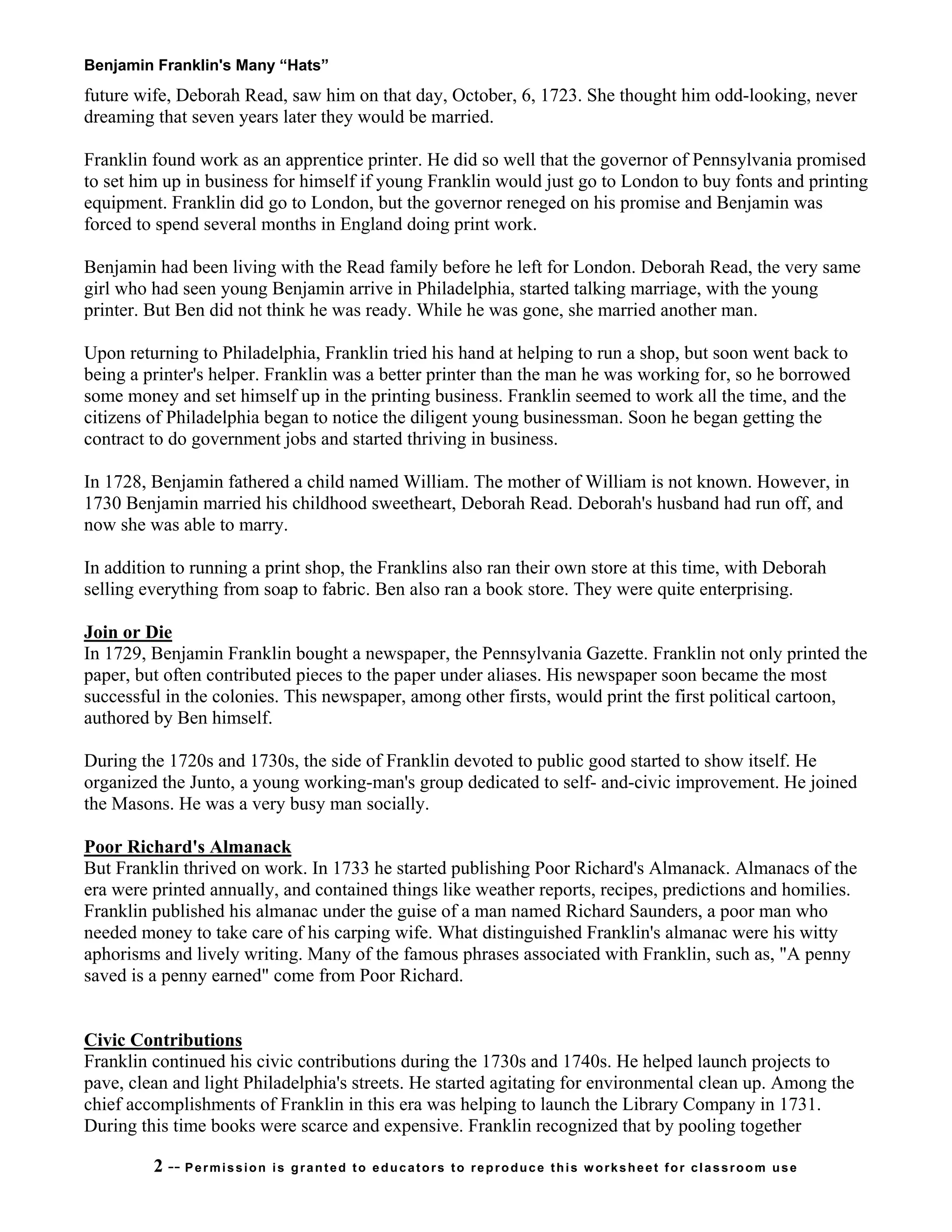 Benjamin franklin's Biography | PDF