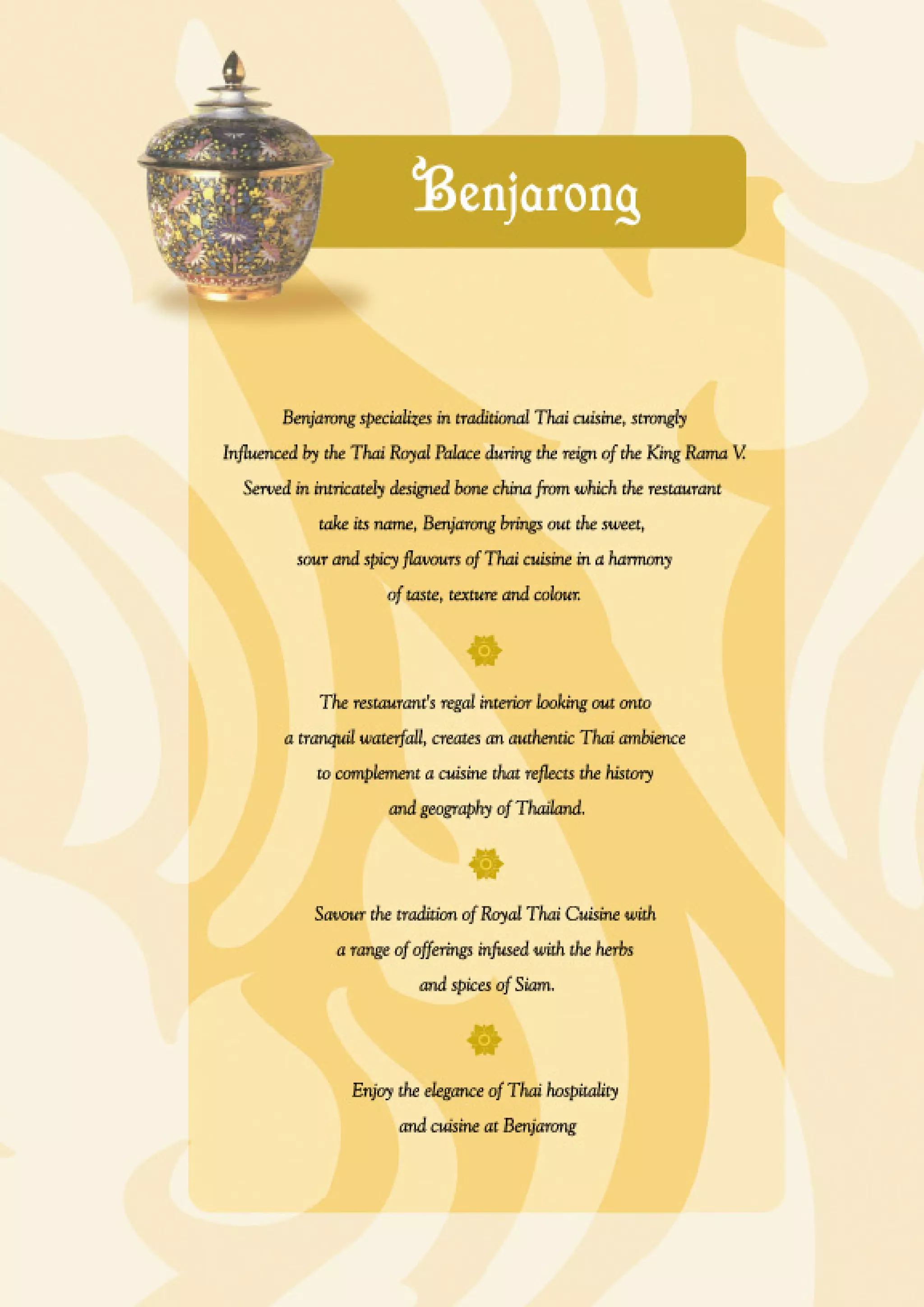 Benjarong menu Dusit Thani, Bangkok Thailand - photos S.E.A Images Co ...