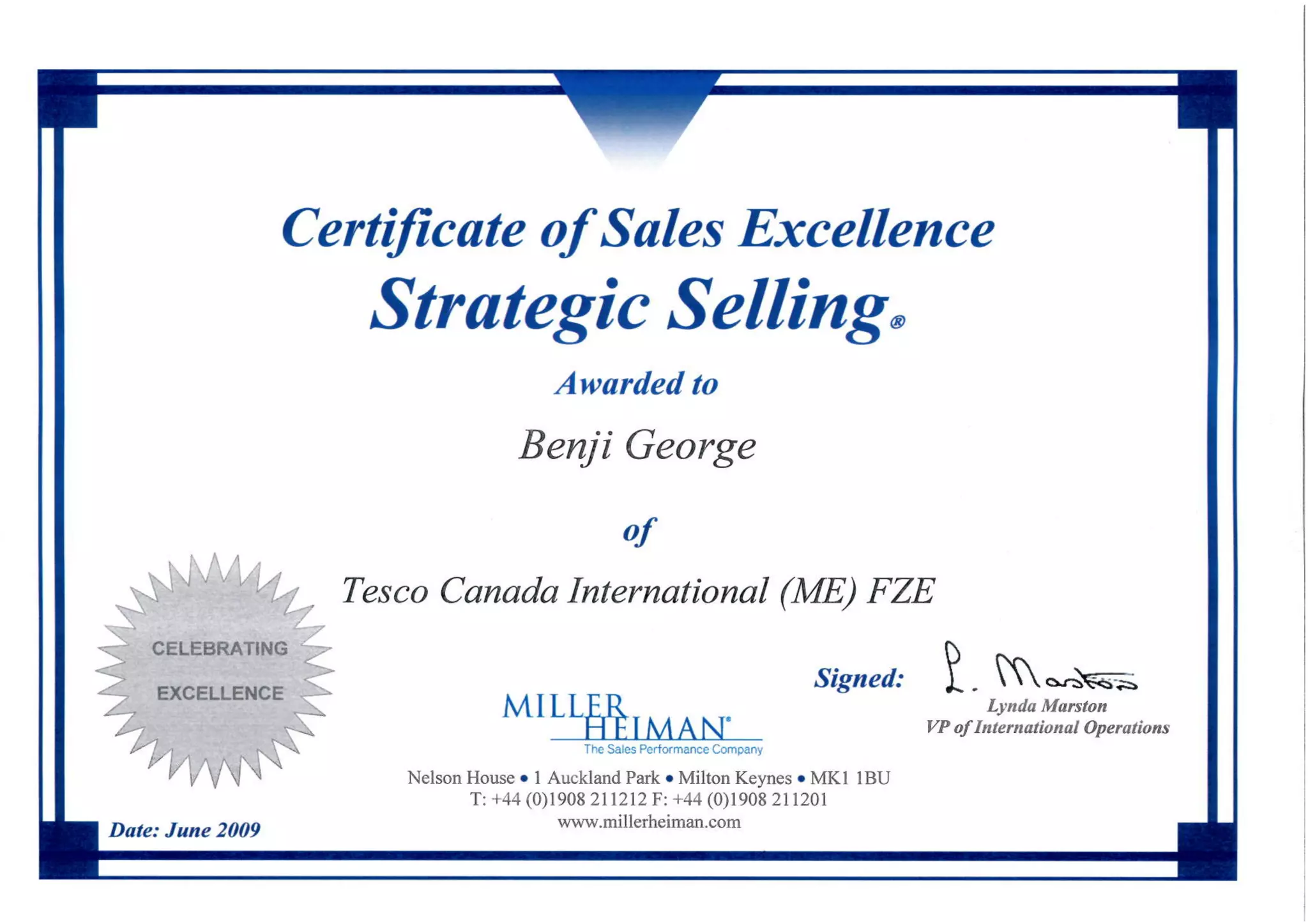 Miller Heiman Certificate of Sales Excellence in Strategic Selling ...