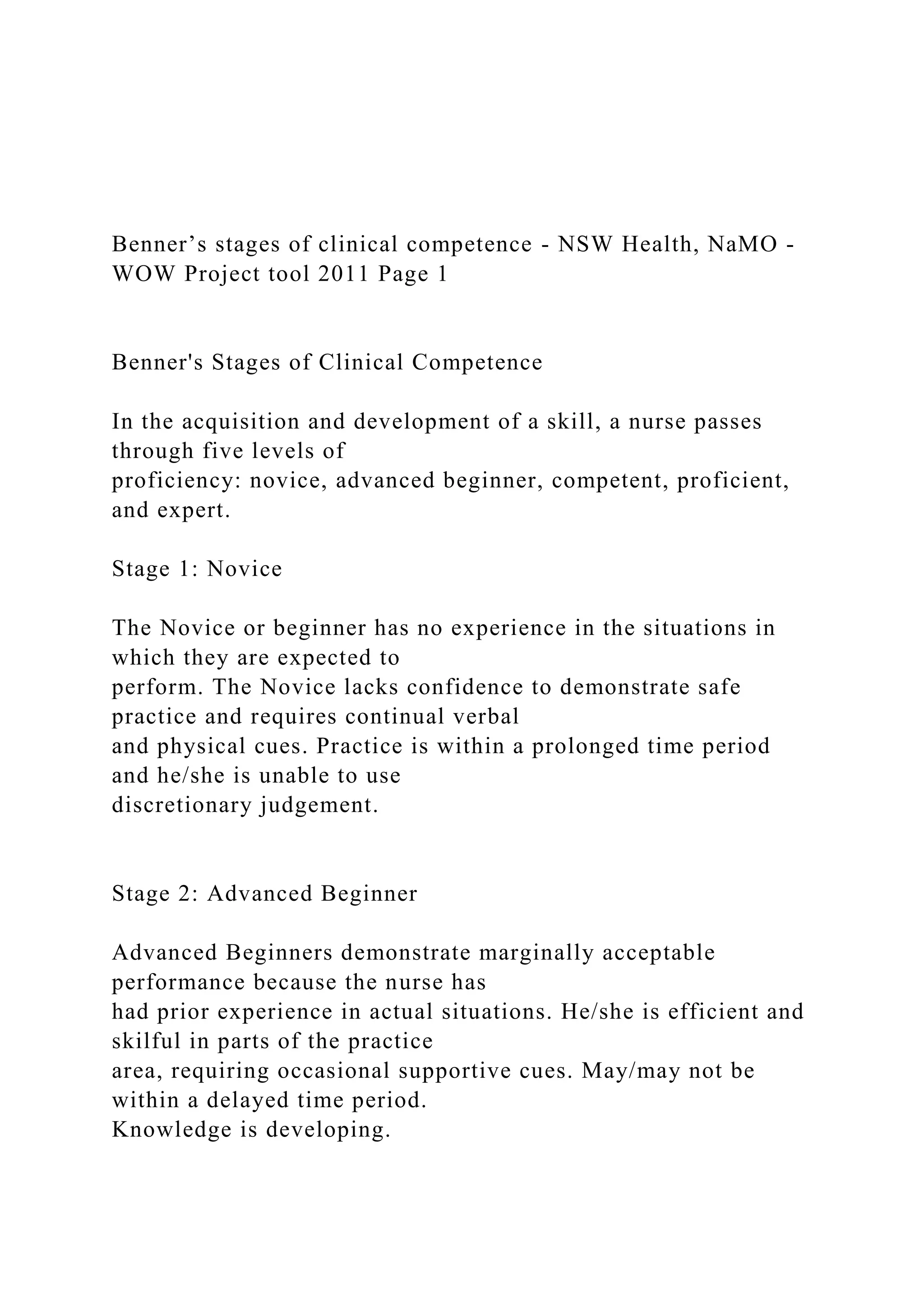 Benner’s stages of clinical competence - NSW Health, NaMO - WO.docx