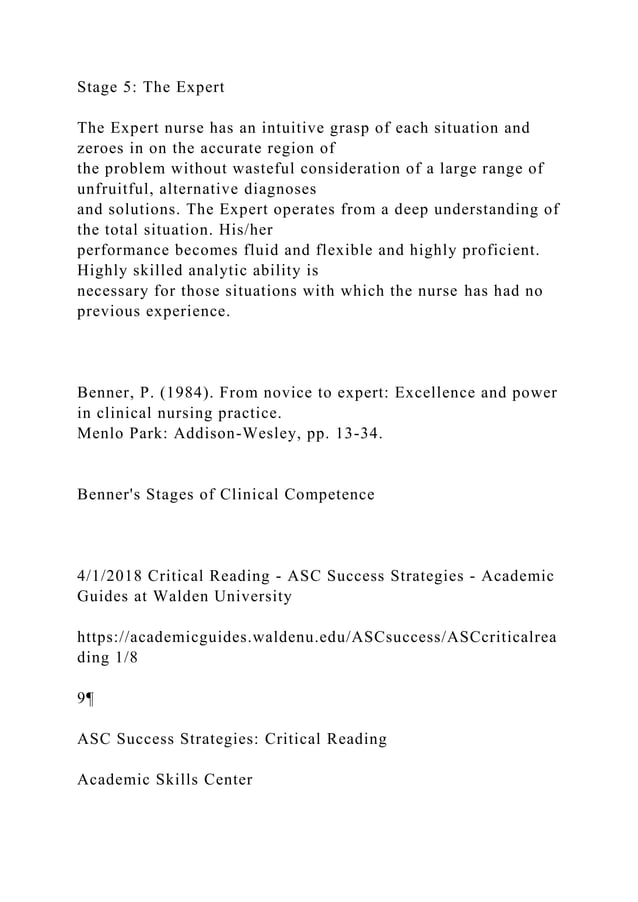 Benner’s stages of clinical competence - NSW Health, NaMO - WO.docx ...