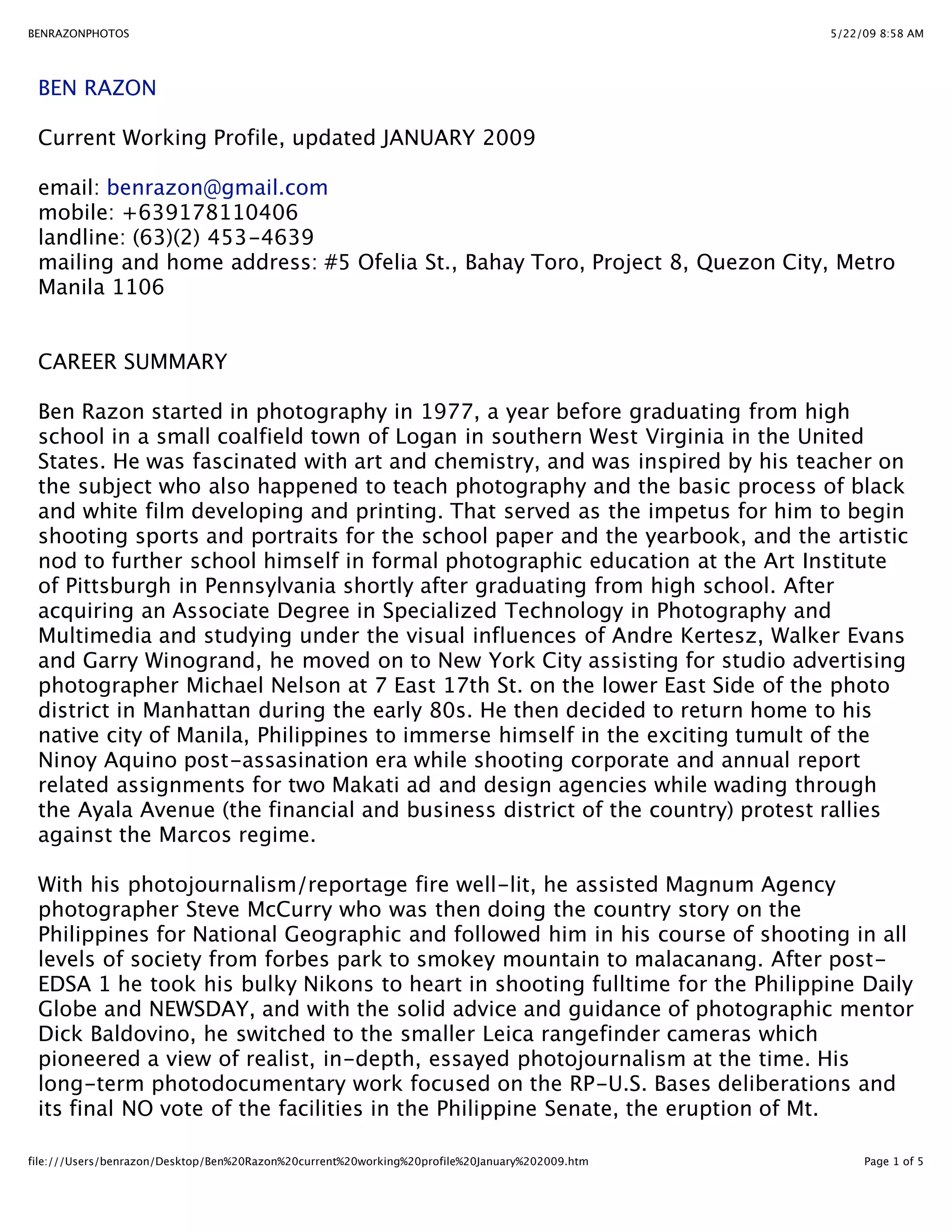 Ben Razon Current Working Profile January 2009 | PDF